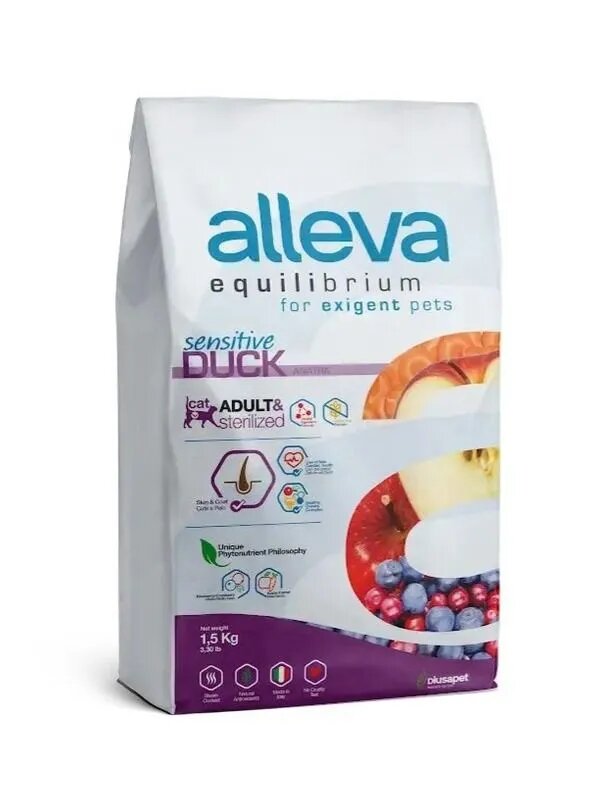 Корм Аллева Эквилибриум Сенситив для взрослых кошек, с уткой, 1,5 кг Alleva Equilibrium Sensitive