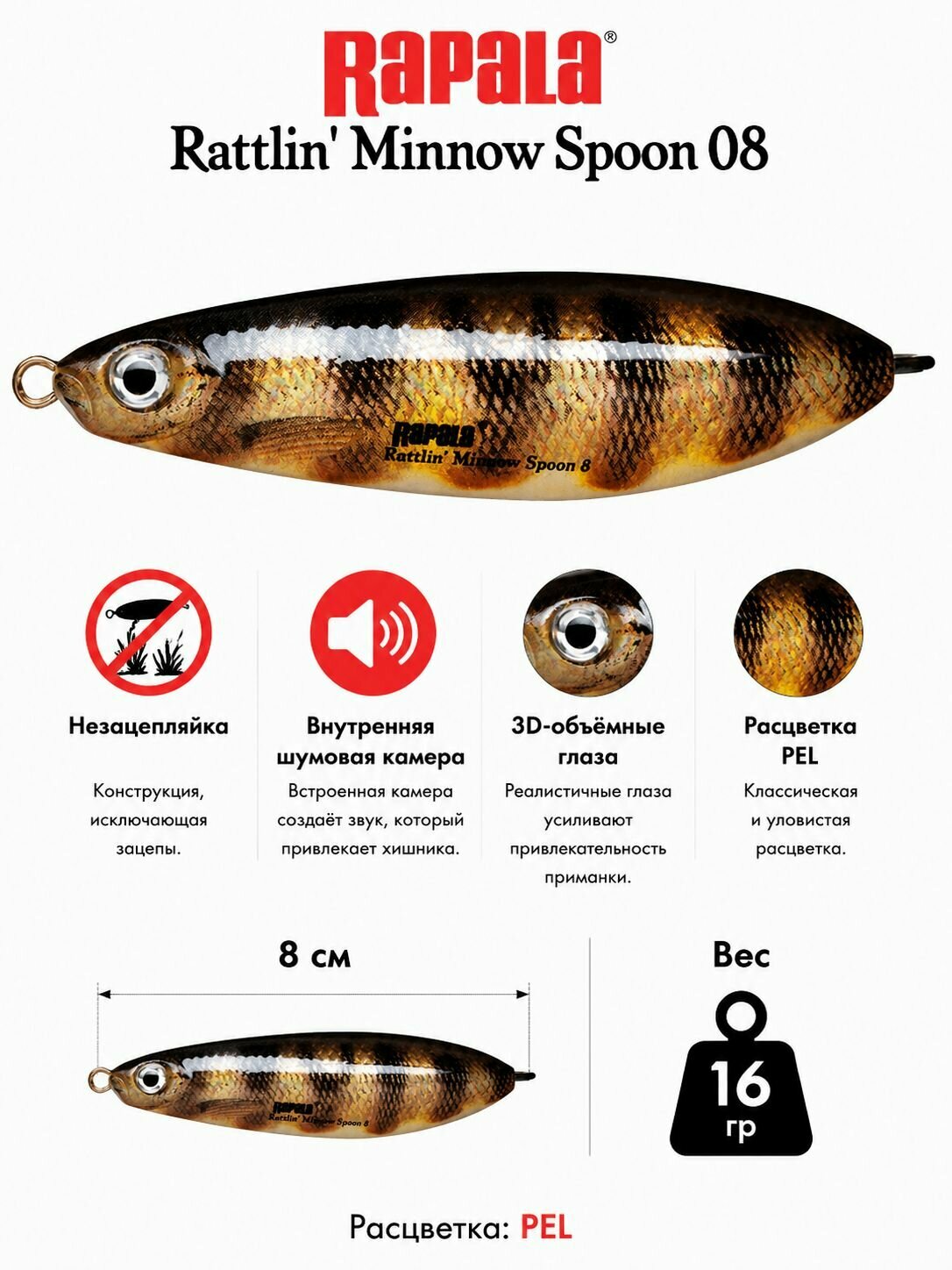Блесна колебалка незацепляйка RAPALA Rattlin' Minnow Spoon 08 /PEL / 8см, 16гр. приманка с шумовой камерой ++