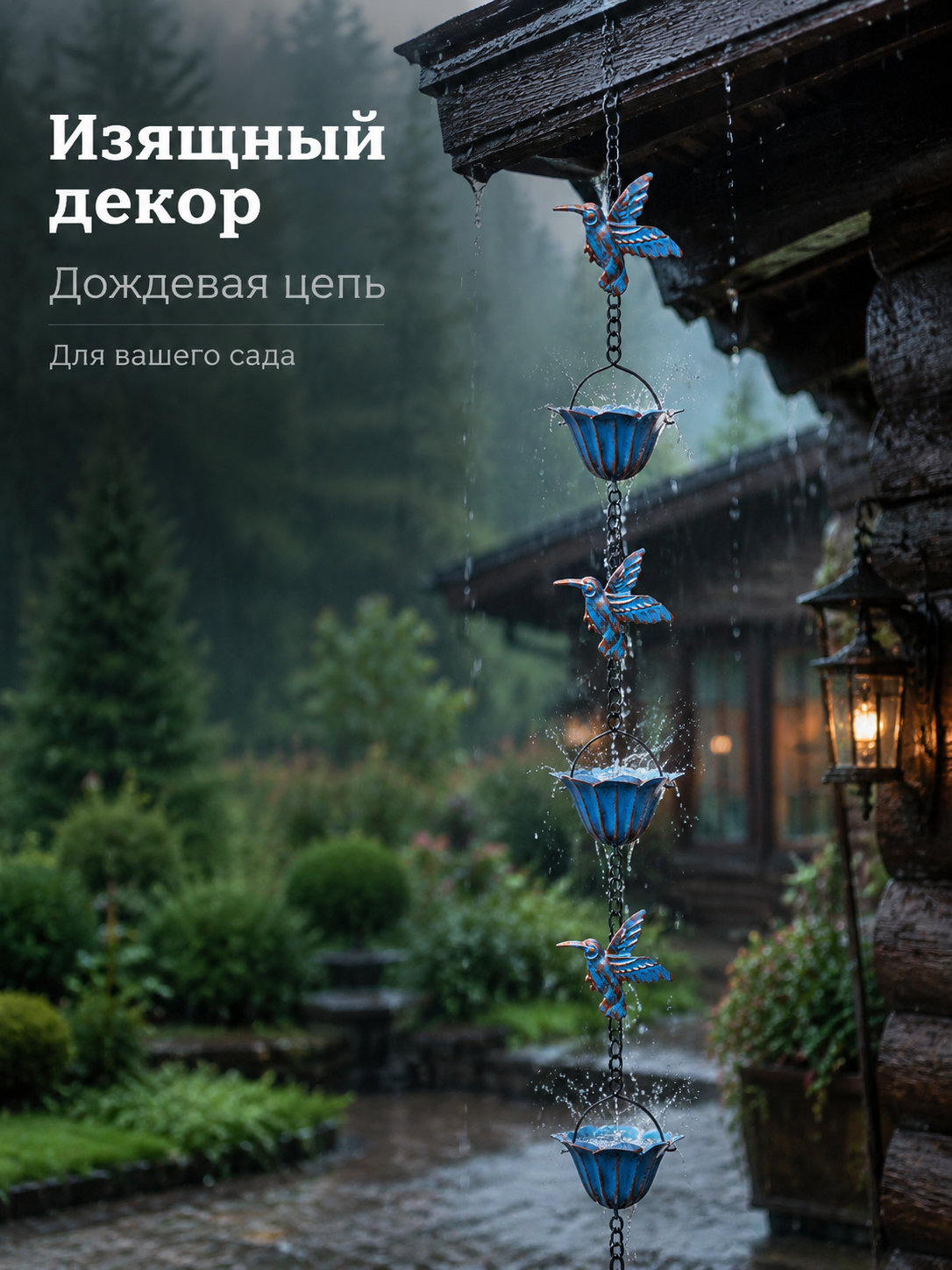 Декоративная дождевая цепь «Колибри» синяя, металл, для сада и парка