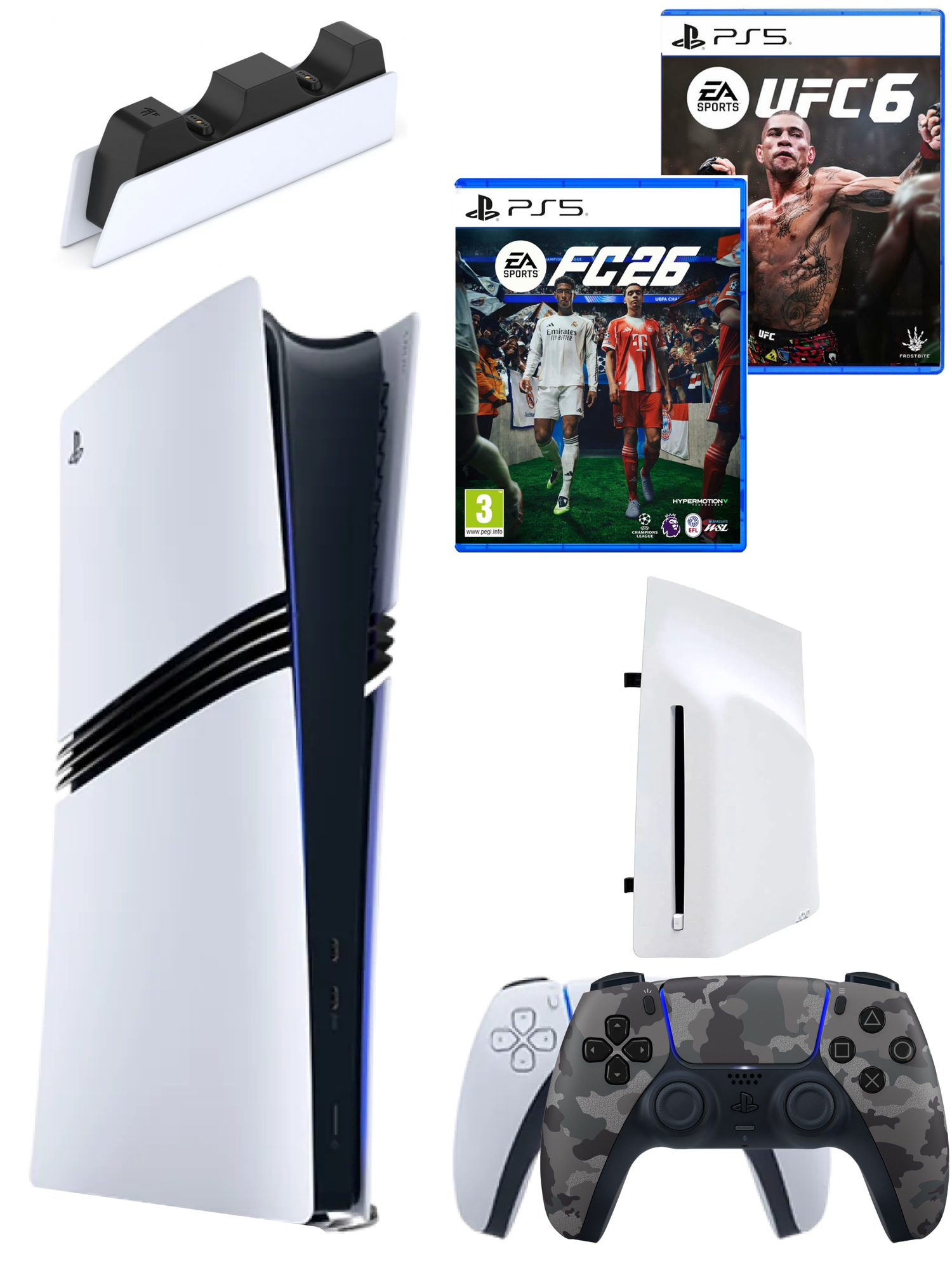 Игровая приставка Sony PS 5 Pro Digital Edition+Зарядная станция+ Дисковод +2-ой геймпад(camo)+UFC 6 , FC 26, 2Tb SSD