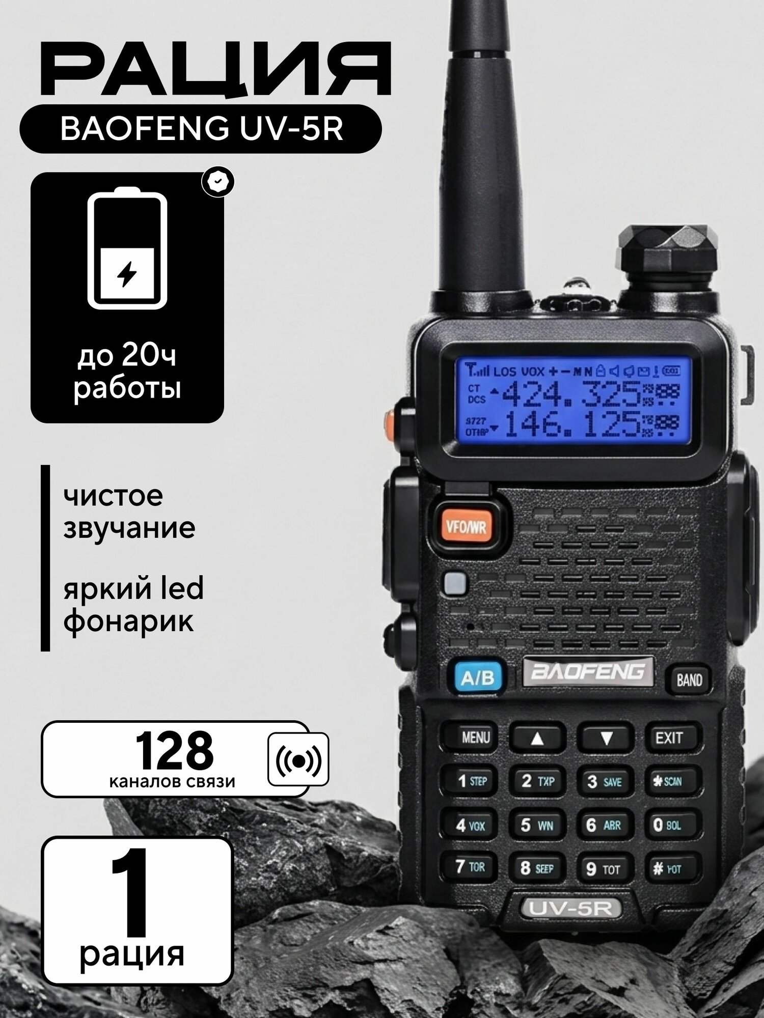 Рация двухдиапазонная Baofeng UV-5R (радиостанция) 5W, черная
