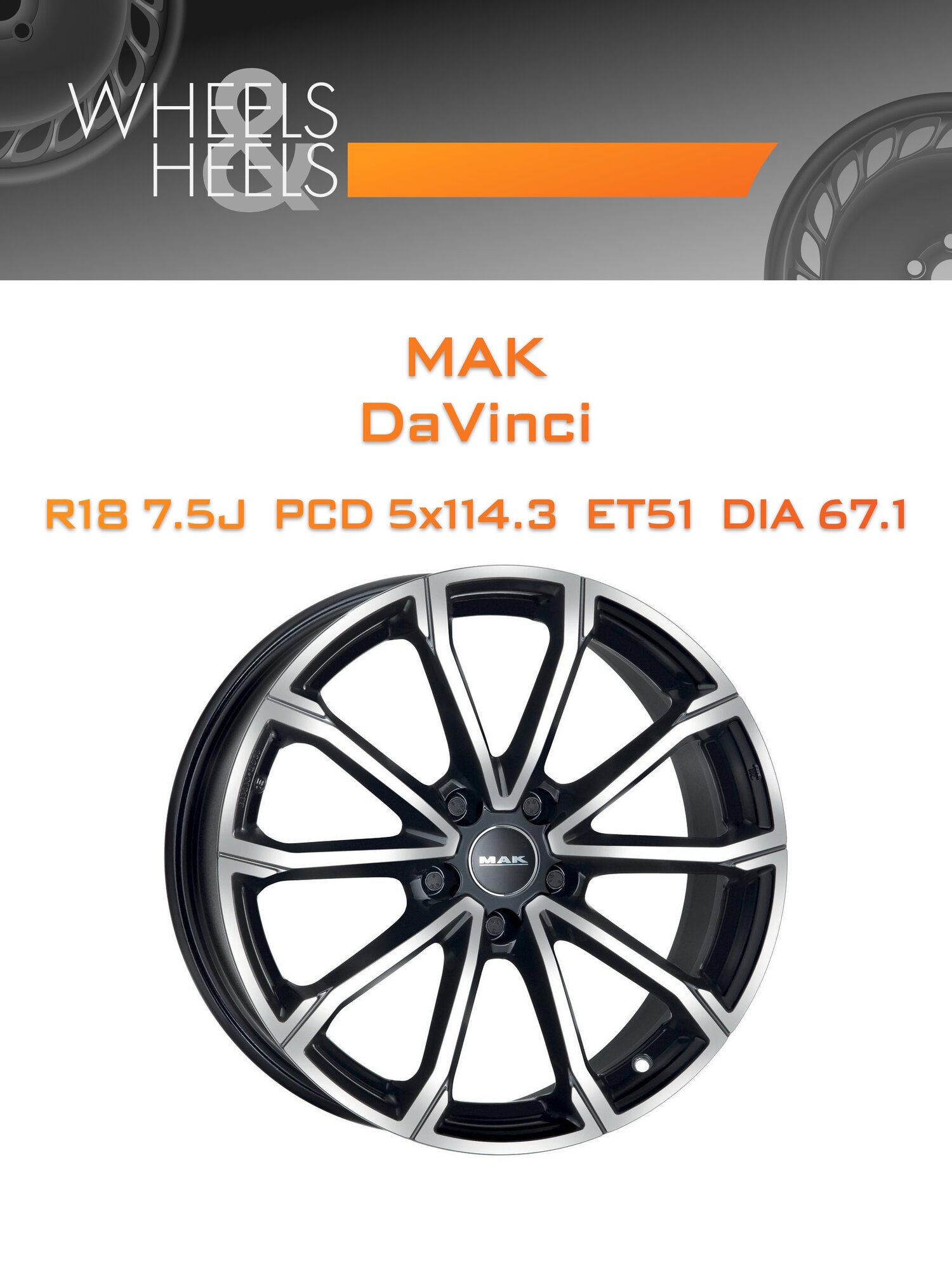 Диск автомобильный литой MAK DaVinci 18x7.5 5x114.3 et51 dia67.1 Чёрный глянцевый с полированной лицевой частью