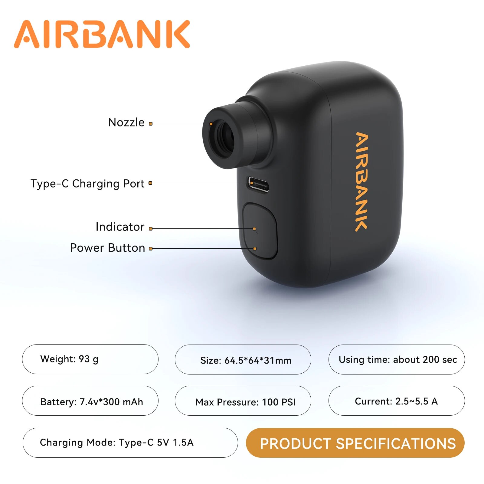 AIRBANK Мини электрический насос для велосипедов 100 PSI