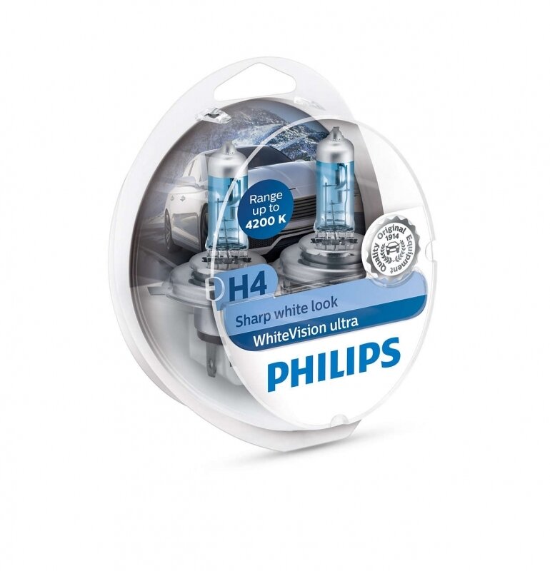 Лампа галогенная PHILIPS H4 White Vision Ultra 4200K 12V 55/60W, 2шт, 12342WVUSM