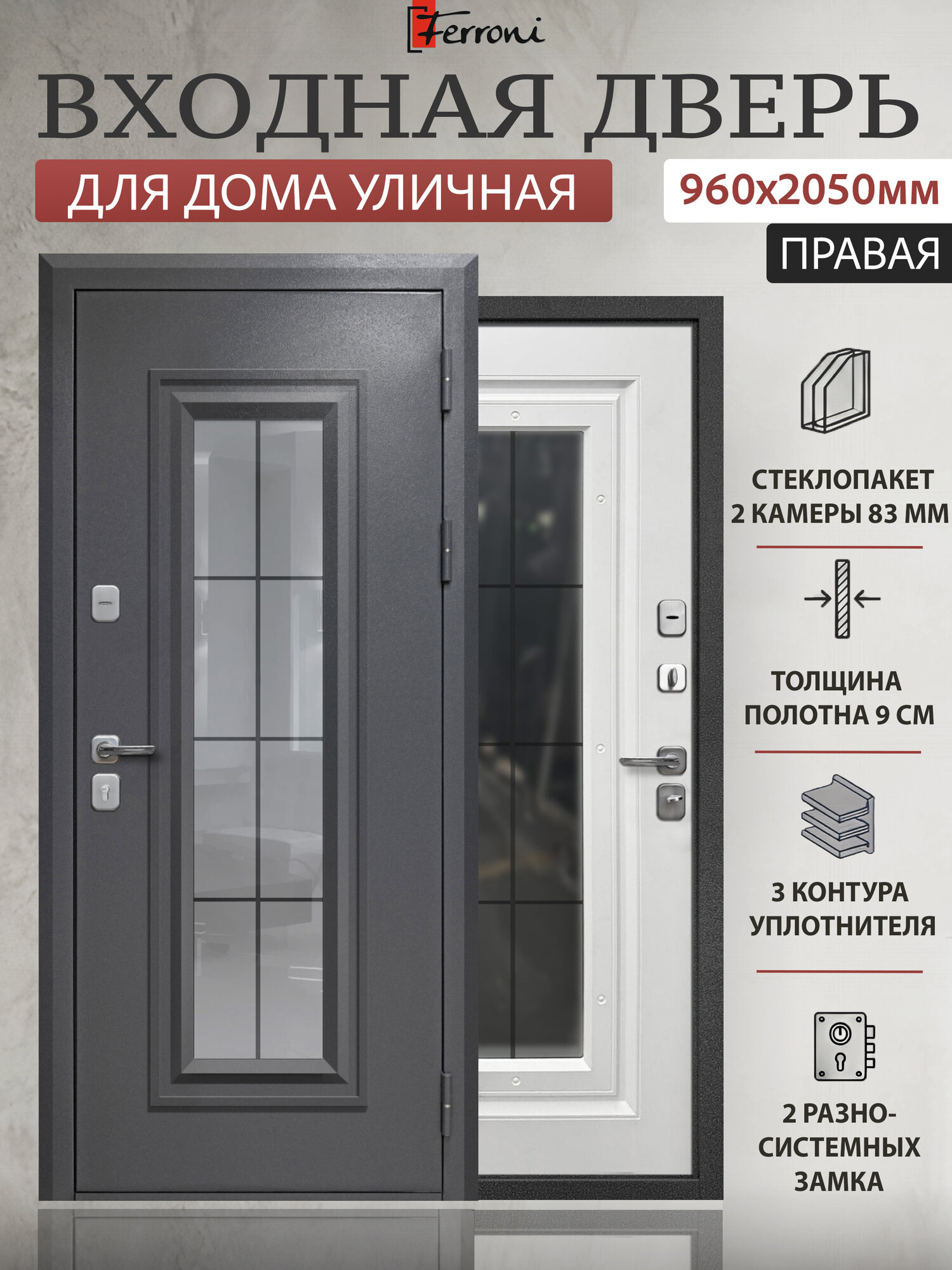Входная дверь Ferroni 9 см Стеклопакет Букле Графит ковка (960мм) правая