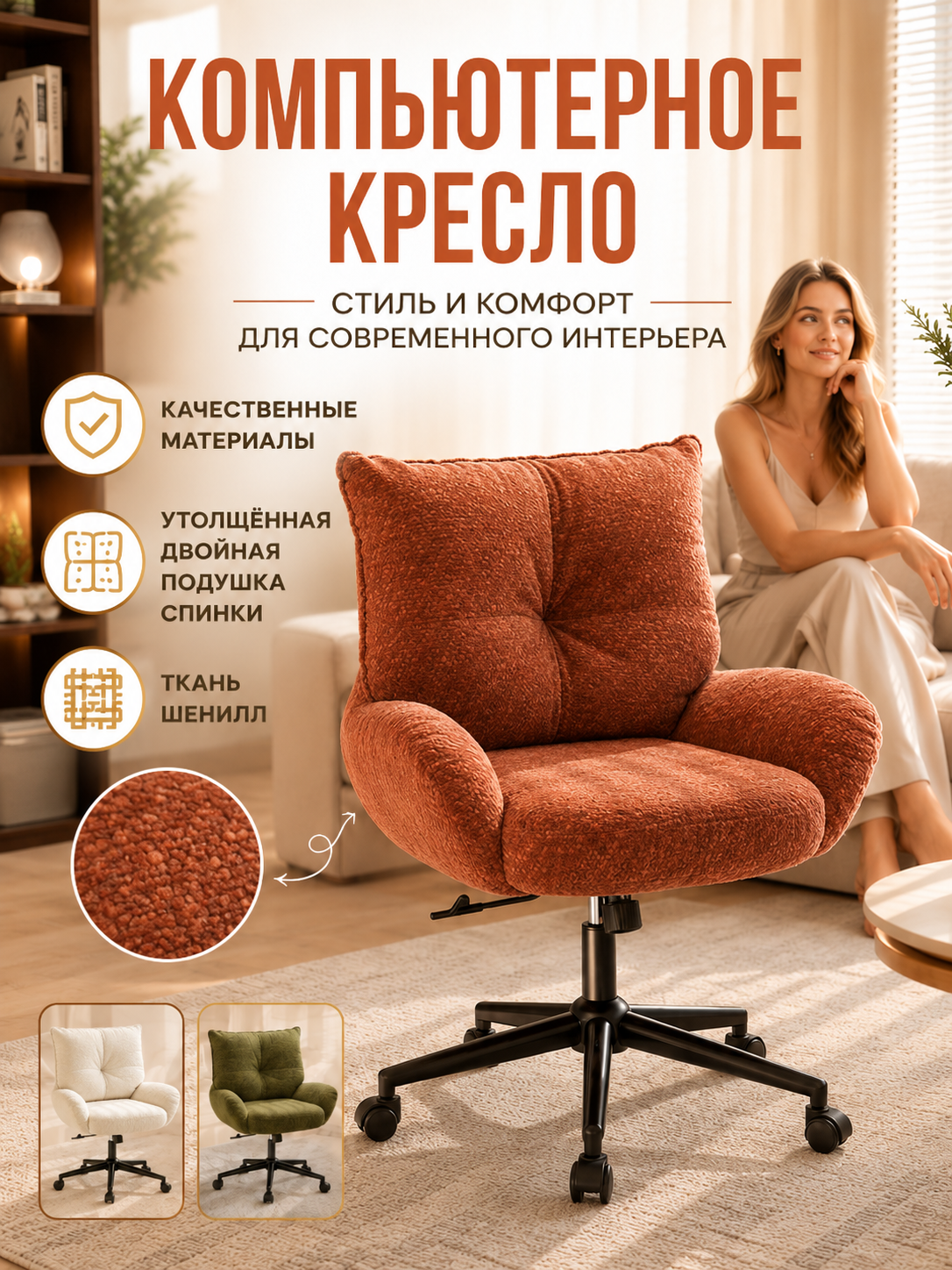Кресло рабочее офисное мягкое с подлокотниками, поворот на 360 градусов, регулируемая высота сиденья для дома