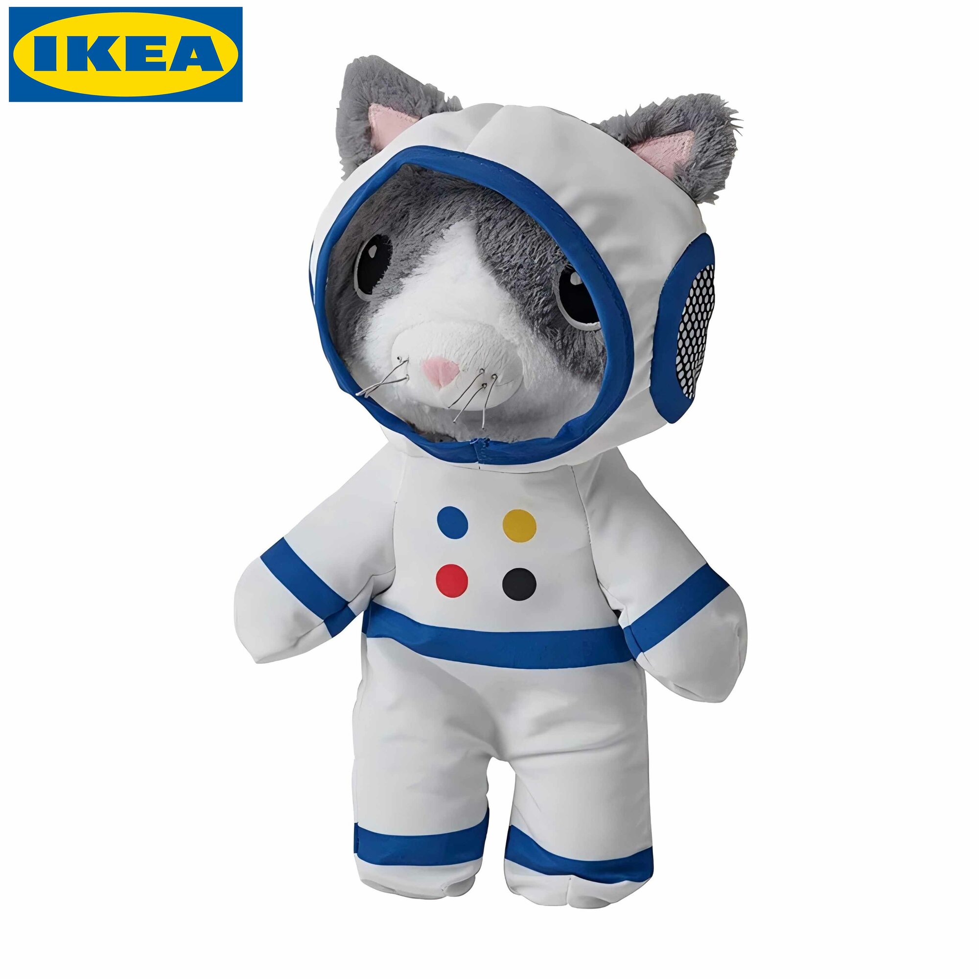 Мягкая игрушка IKEA AFTONSPARV, плюшевый котик-космонавт в скафандре, высота 12 см, длина 28 см
