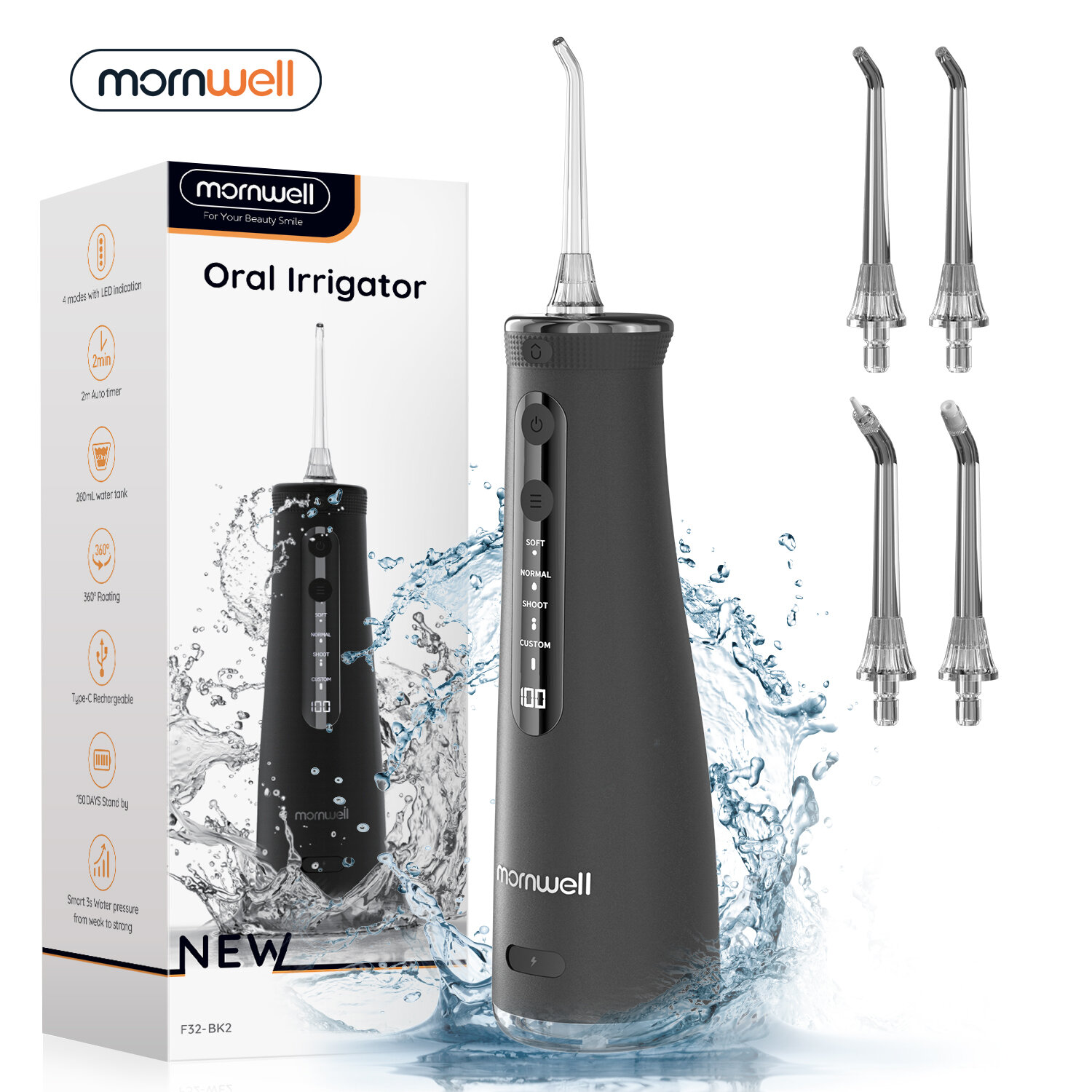 Mornwell ирригатор для зубов портативный, средство для чистки зубных нитей для брекетов IPX7,4 скоростей и 4 насадок