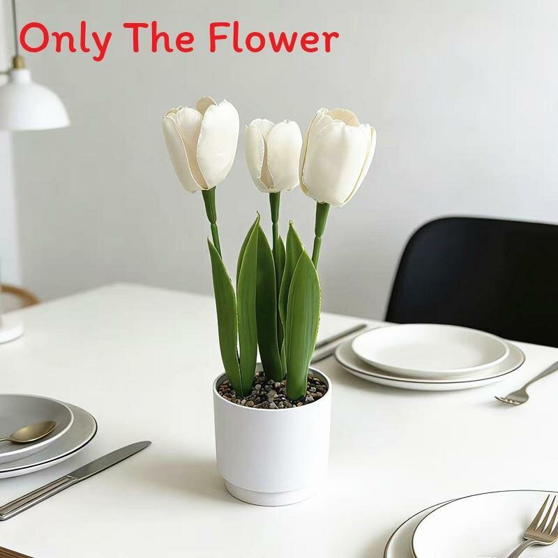 Tulip flower arrangement with plastic and fabric for wedding decor and home styling white