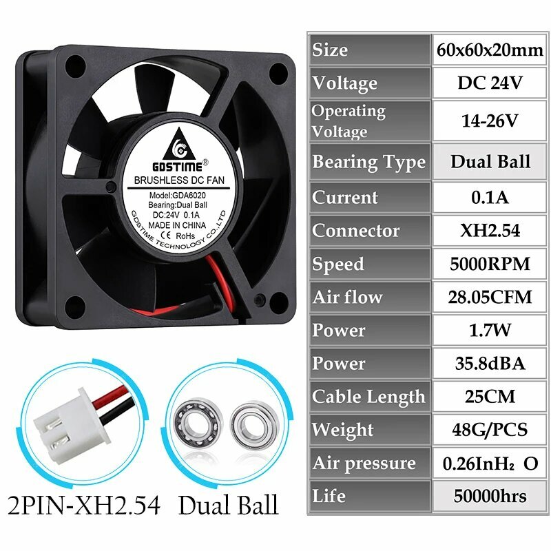 Gdstime GDA6020 24V вентилятор 60x60x20 мм Dual Ball