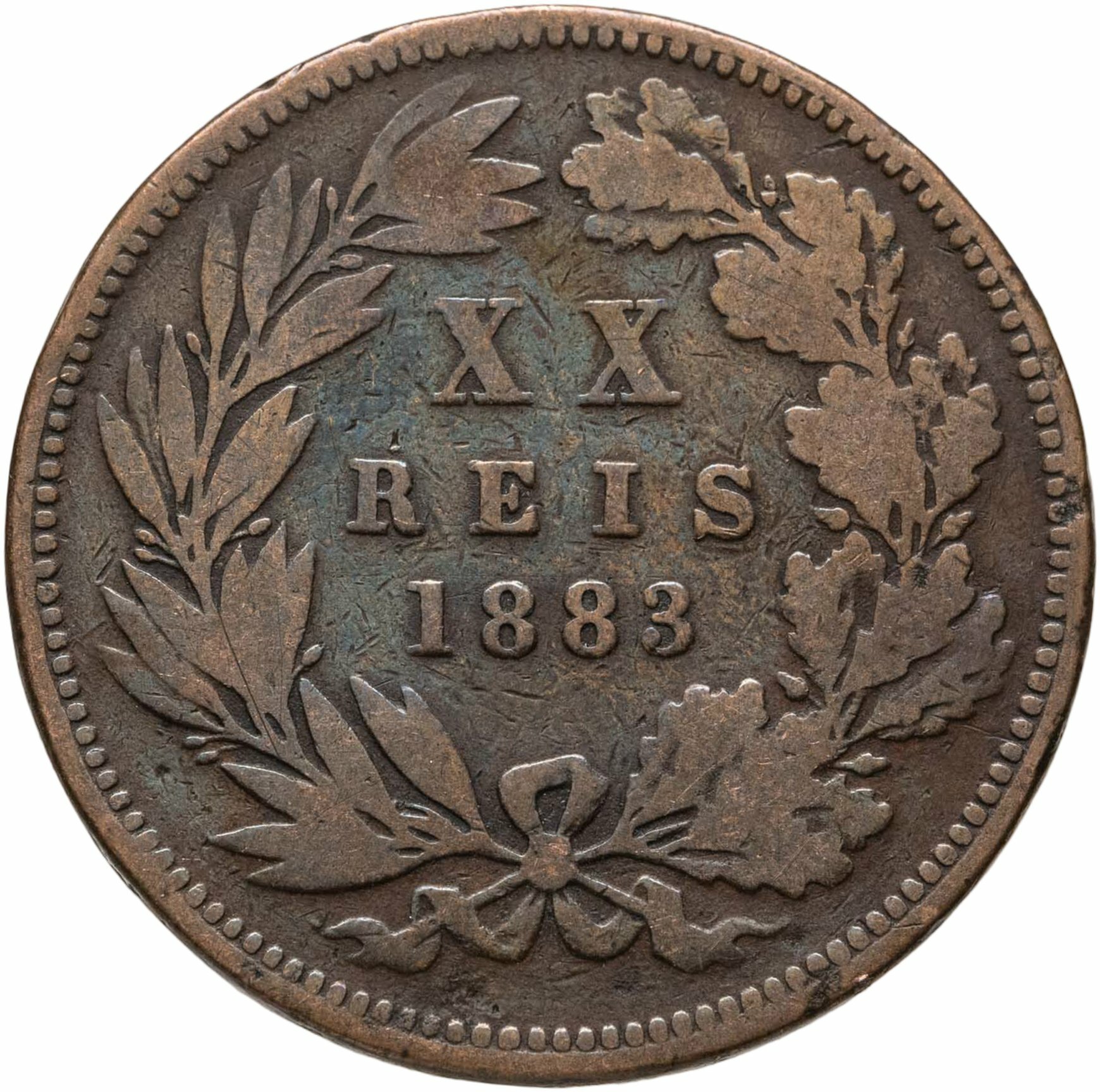 Португалия 20 реалов рейс, reis 1883, Бронза, в сохранности F