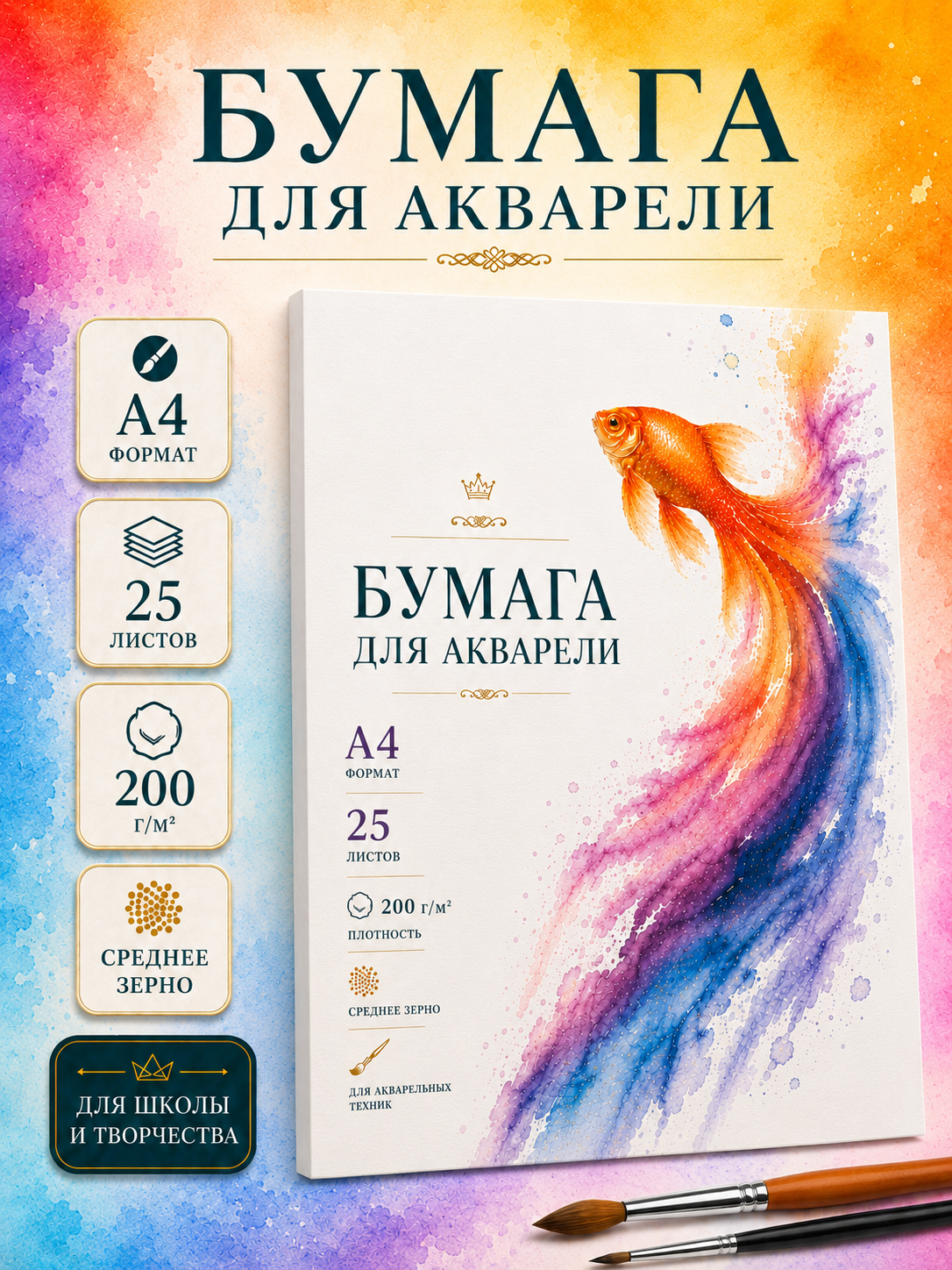 Бумага акварельная, A4, 200 г/кв. м, 25 л, картонная обложка, белая