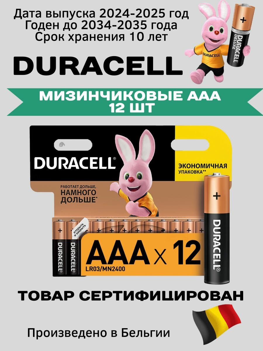 Duracell Батарейка AAA, L (щелочной) тип, 2500 мА•ч, 1,5 В, 12 шт щелочные 1,5В 2500мАч