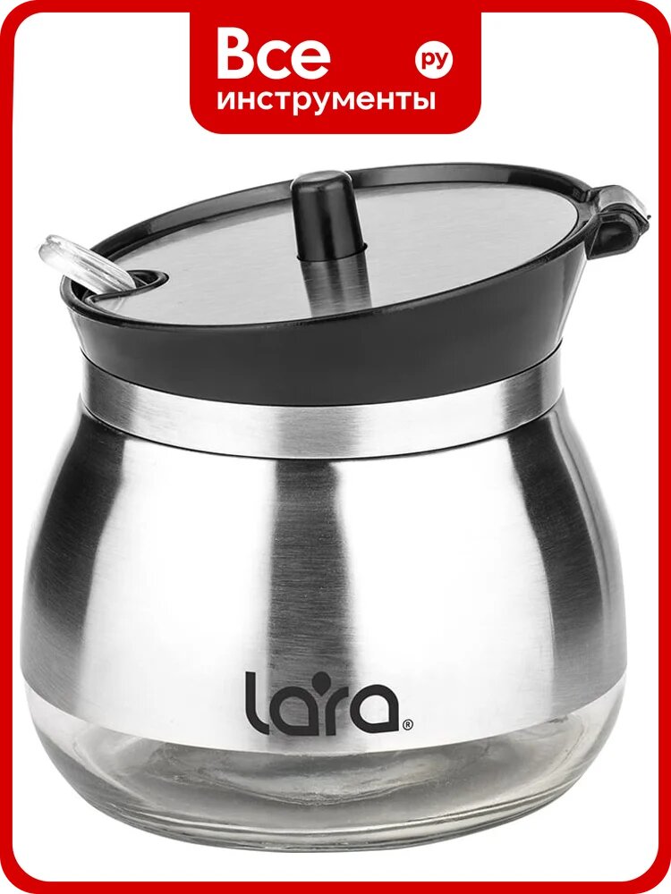 Сахарница с дозатором Lara черная, 300 мл, ложечка в подарок, стекло, сталь