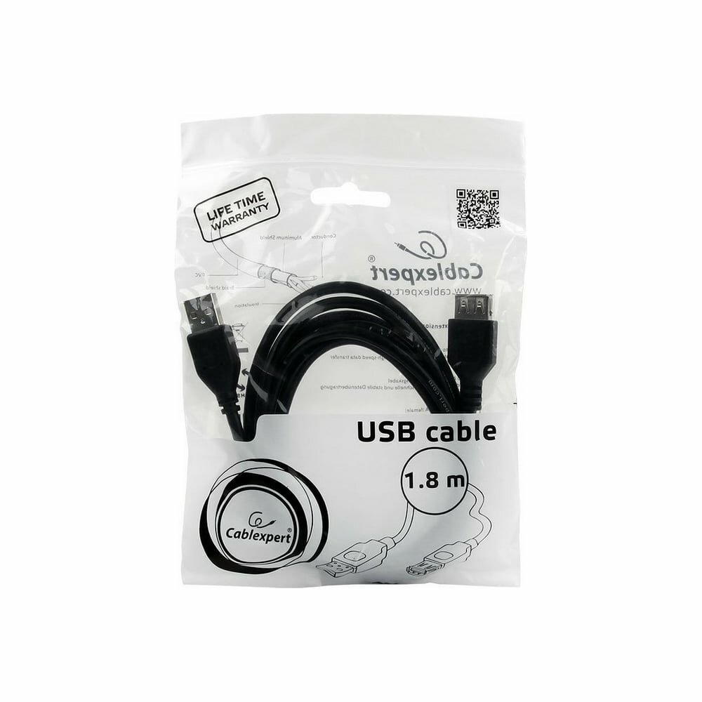 Кабель-удлинитель Cablexpert USB2.0 Pro AM/AF, 1.8м, экран, черный, пакет CCP-USB2-AMAF-6 — фото 1