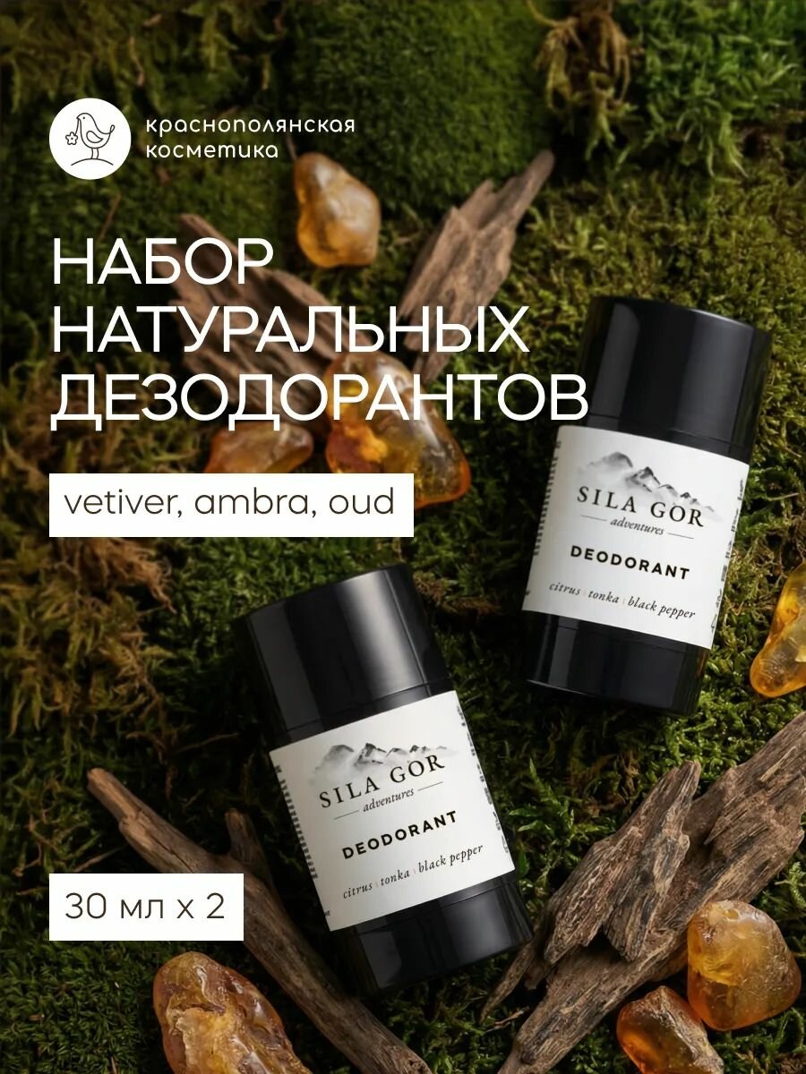 Краснополянская косметика Набор дезодорант стик Сила гор №3, древесно-мускусный аромат ветивера, амбры и удового дерева, защита от запаха и пота, гипоаллергенный, натуральный, 30 мл, 2 шт.
