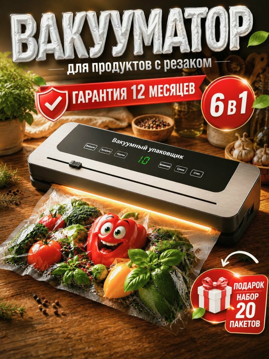 Вакууматор для продуктов с резаком 6 в 1/ Вакуумный упаковщик