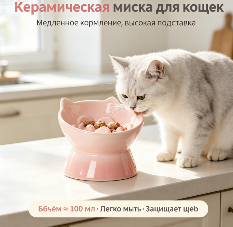 Керамическая миска для кошек с ушками для медленного кормления, на высоком основании для защиты шеи, против обжорства