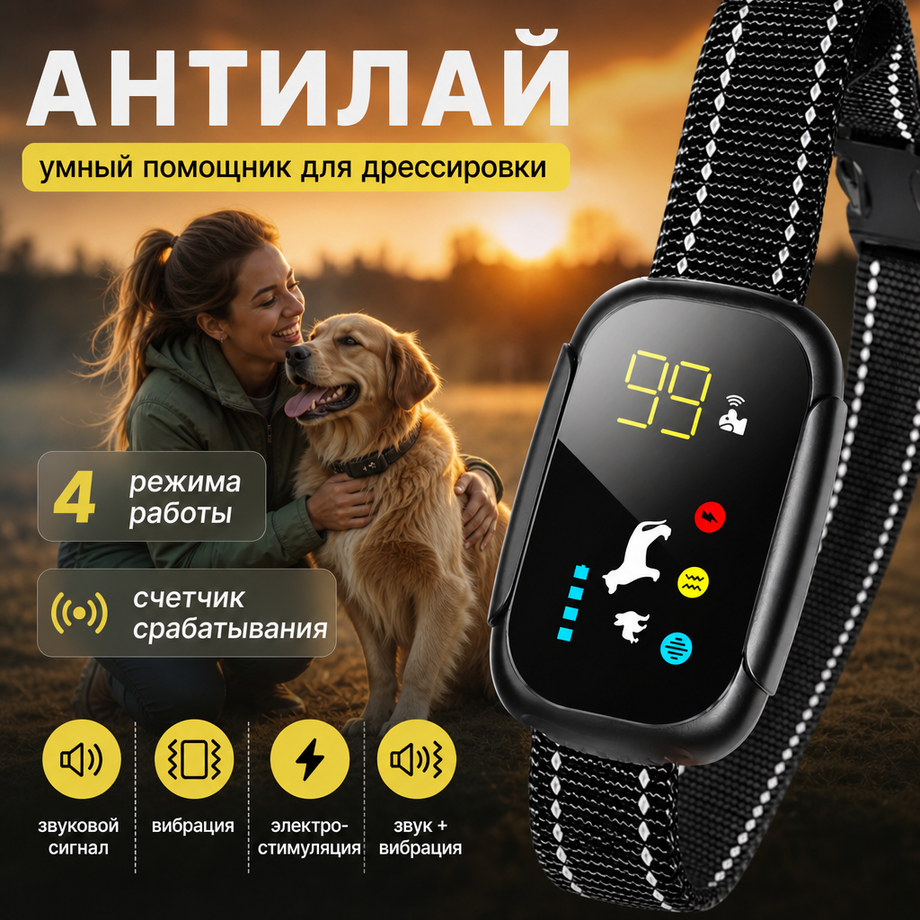 Электронный ошейник антилай для собак, регулируемый, вибрация, звуковой сигнал