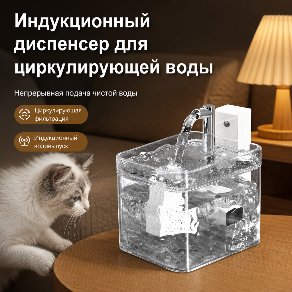 Автоматическая поилка-фонтан для кошек и собак, 1,5 л, циркуляция воды, датчик движения, беспроводная