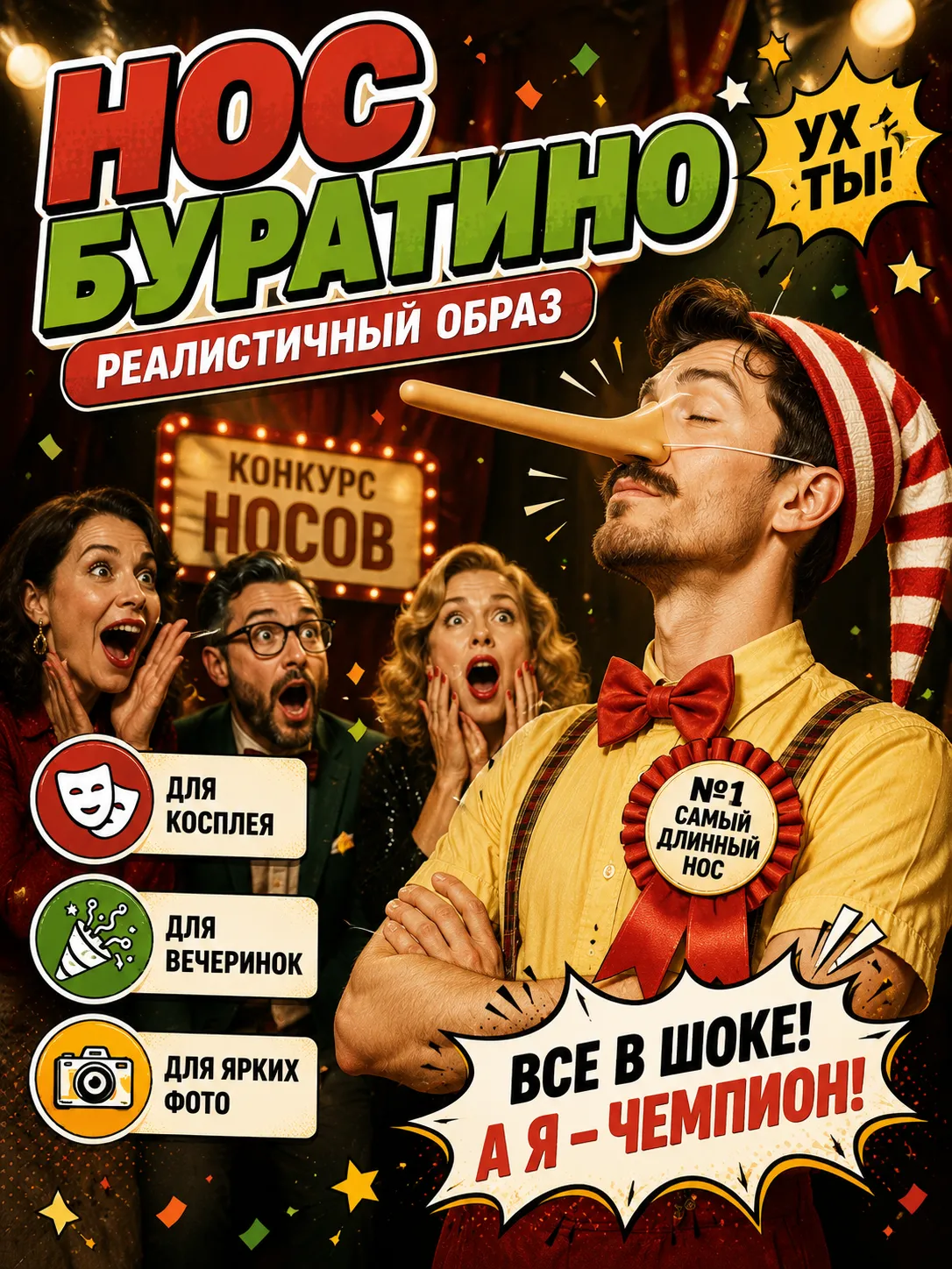 Нос Буратино I-Bright Company, для карнавалов и праздников, ПВХ, длина 17см