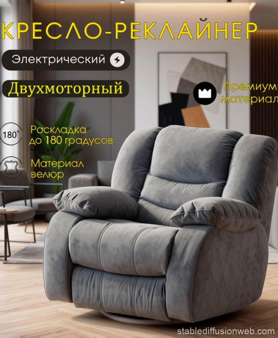 Кресло мягкое реклайнер Милан, 2-х моторное, офисное, велюр серый