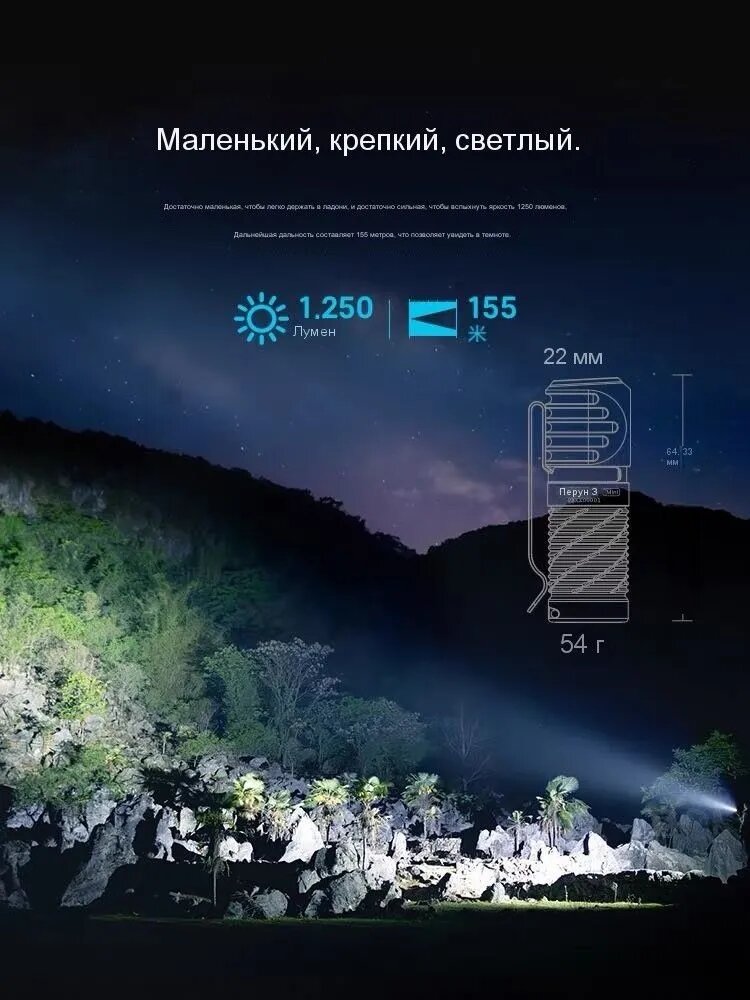 Olight Perun 3 Mini Фонарь-прожектор, 1250 Лм, Черный, 3 года гарантии — фото 1
