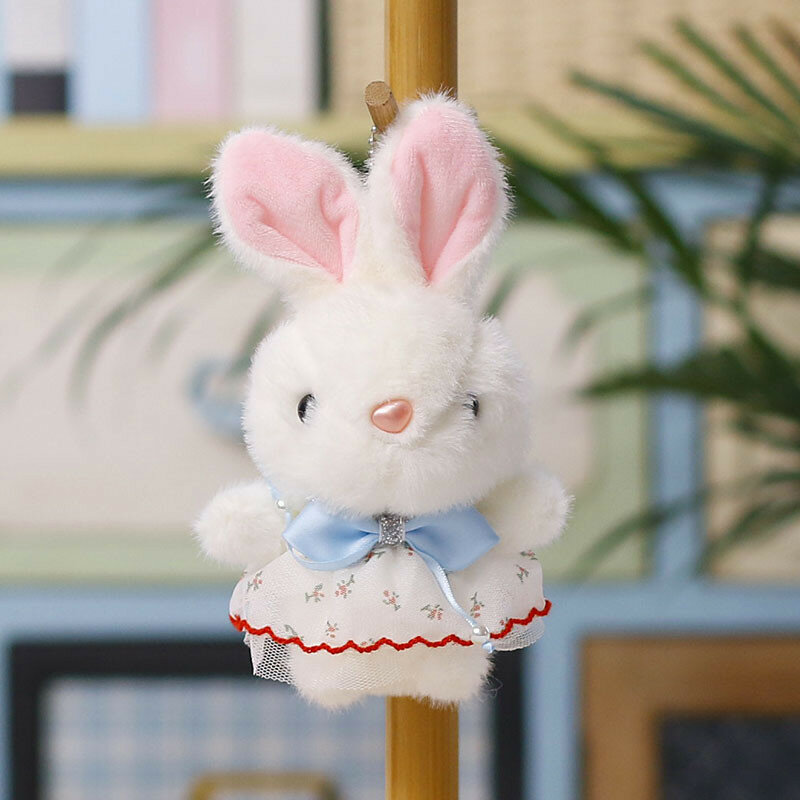 Fluffy bunny plush decor with short velvet for baby nursery and gift giving blue bow bunny
