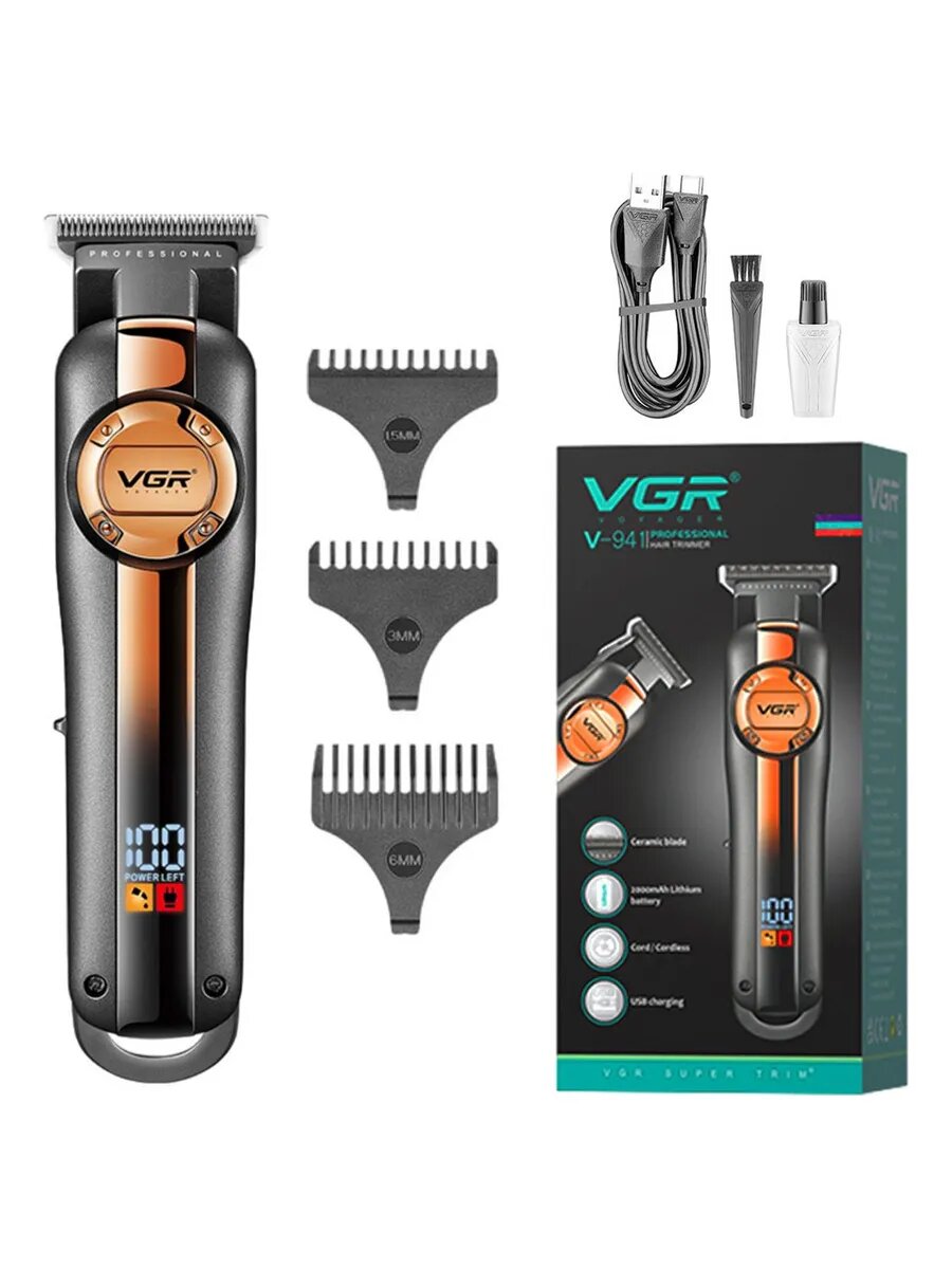 Триммер VGR V-941, мощность 5 Вт, LED-дисплей, 3 насадки, черно-коричневый