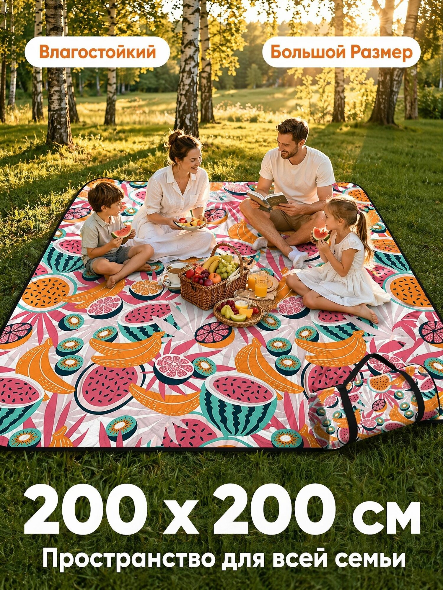 Плед непромокаемый 200x200 см для пикника, расцветка красный и желтый арбуз, синий