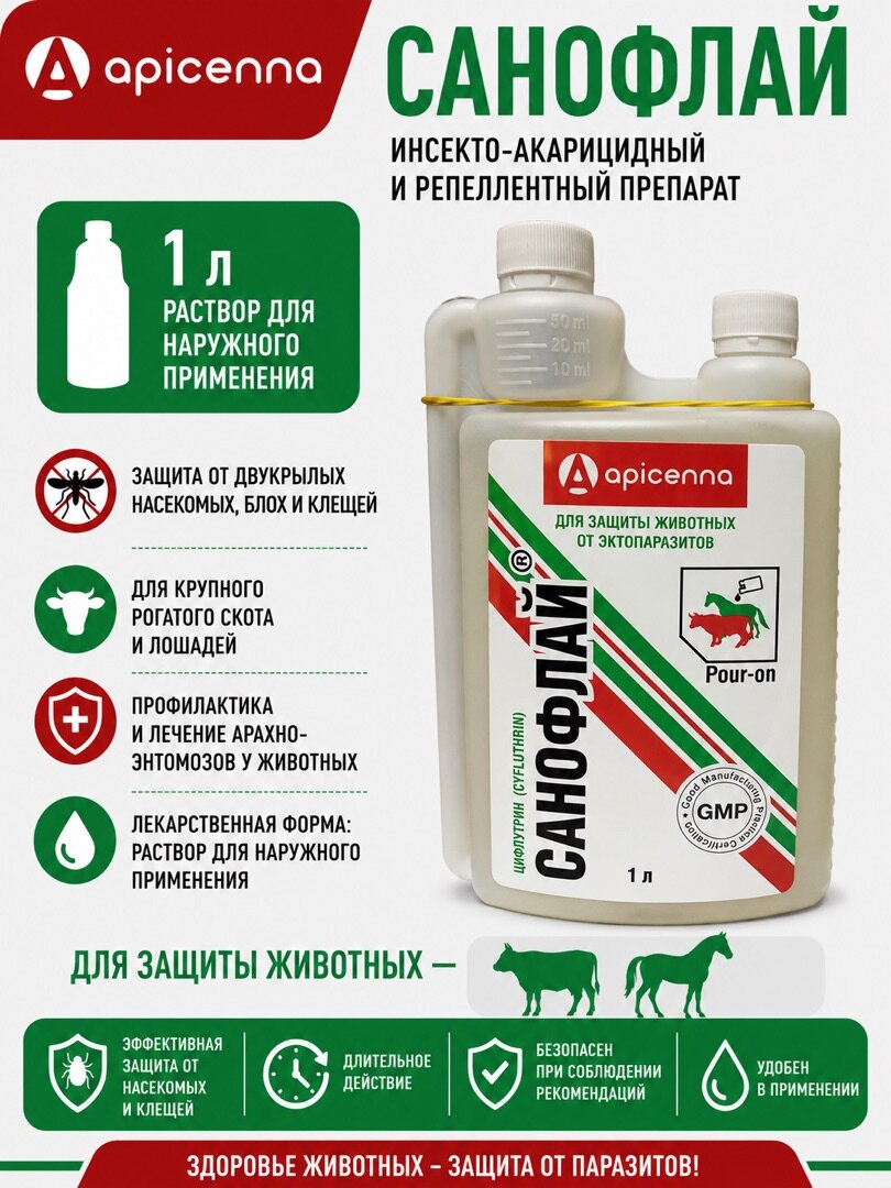 Санофлай репеллентное средство для защиты крупного рогатого скота и лошадей, 1л