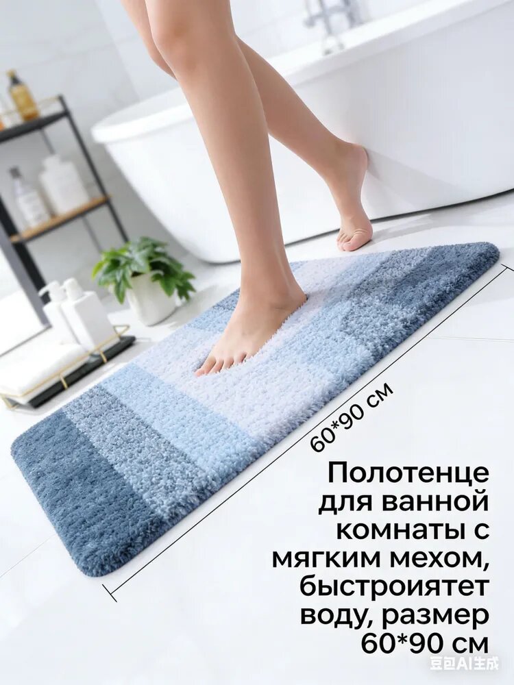 Коврик для ванной 60x90 см, Микрофибра, Нескользящий, Мягкий, Быстросохнущий