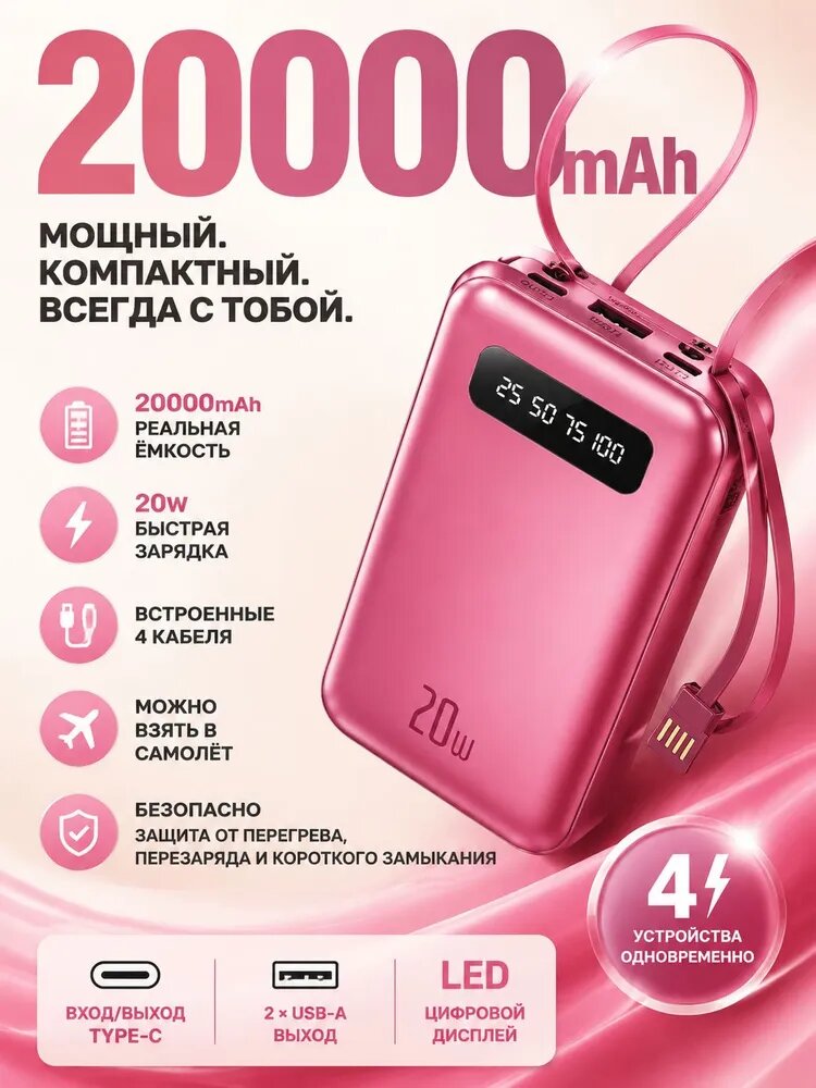 Внешний аккумулятор бордовый (мини, mini), Power Bank, повербанк на 20000 mah для телефона со встроенными кабелями Usb, Lightning, Type-C, Micro usb