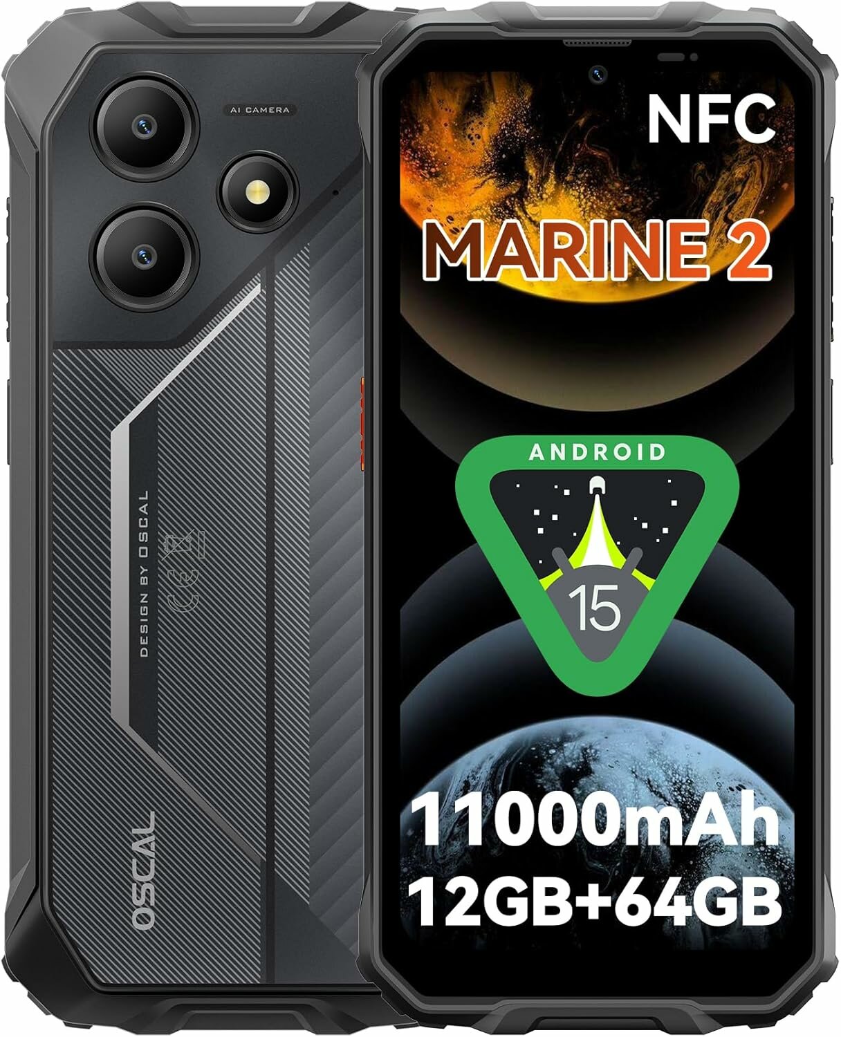 Защищенный смартфон OSCAL Marine 2, 11000 мАч, 6,56-дюймовый HD-экран, 12 (4+8) + 64 ГБ