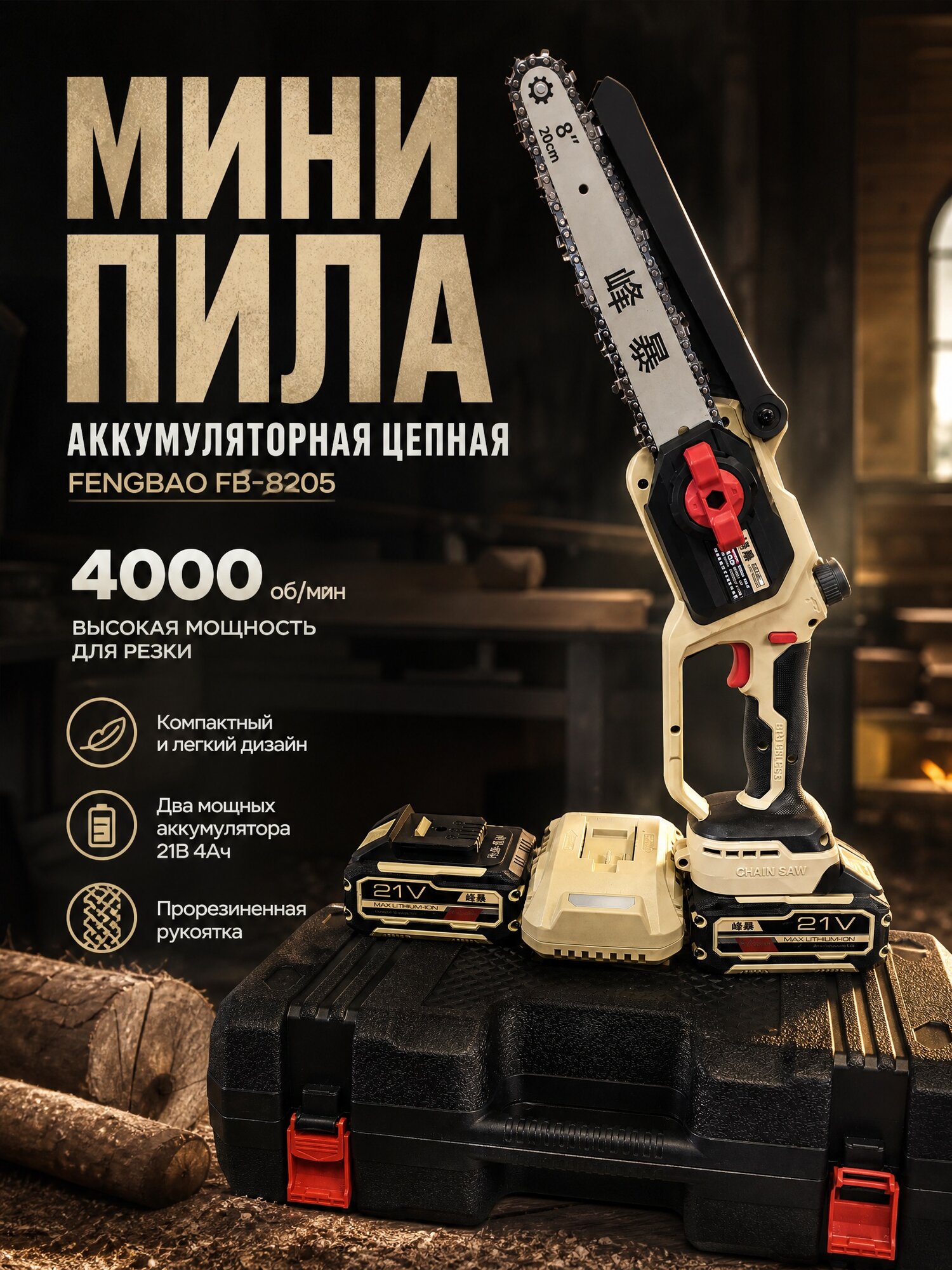 Аккумуляторная мини-пила цепная для сада FengBao FB-8205, шина 8"/20см, 4000об/мин, 21В, 2х4Ач, кейс, ЗУ