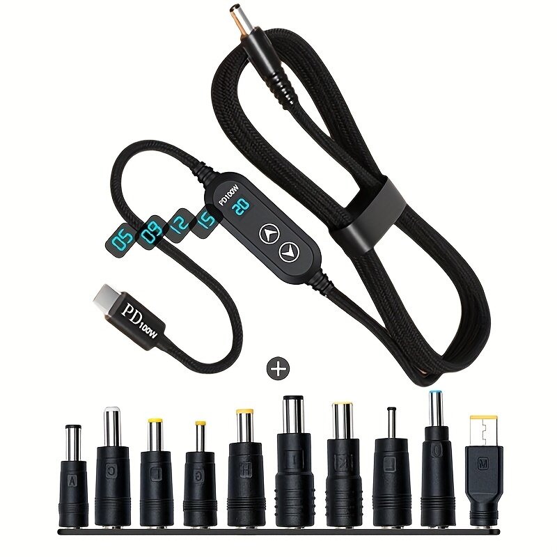 Кабель USB-C на DC5521 100W с 10 адаптерами, регулируемое напряжение 5V/9V/12V/15V/20V, LED дисплей
