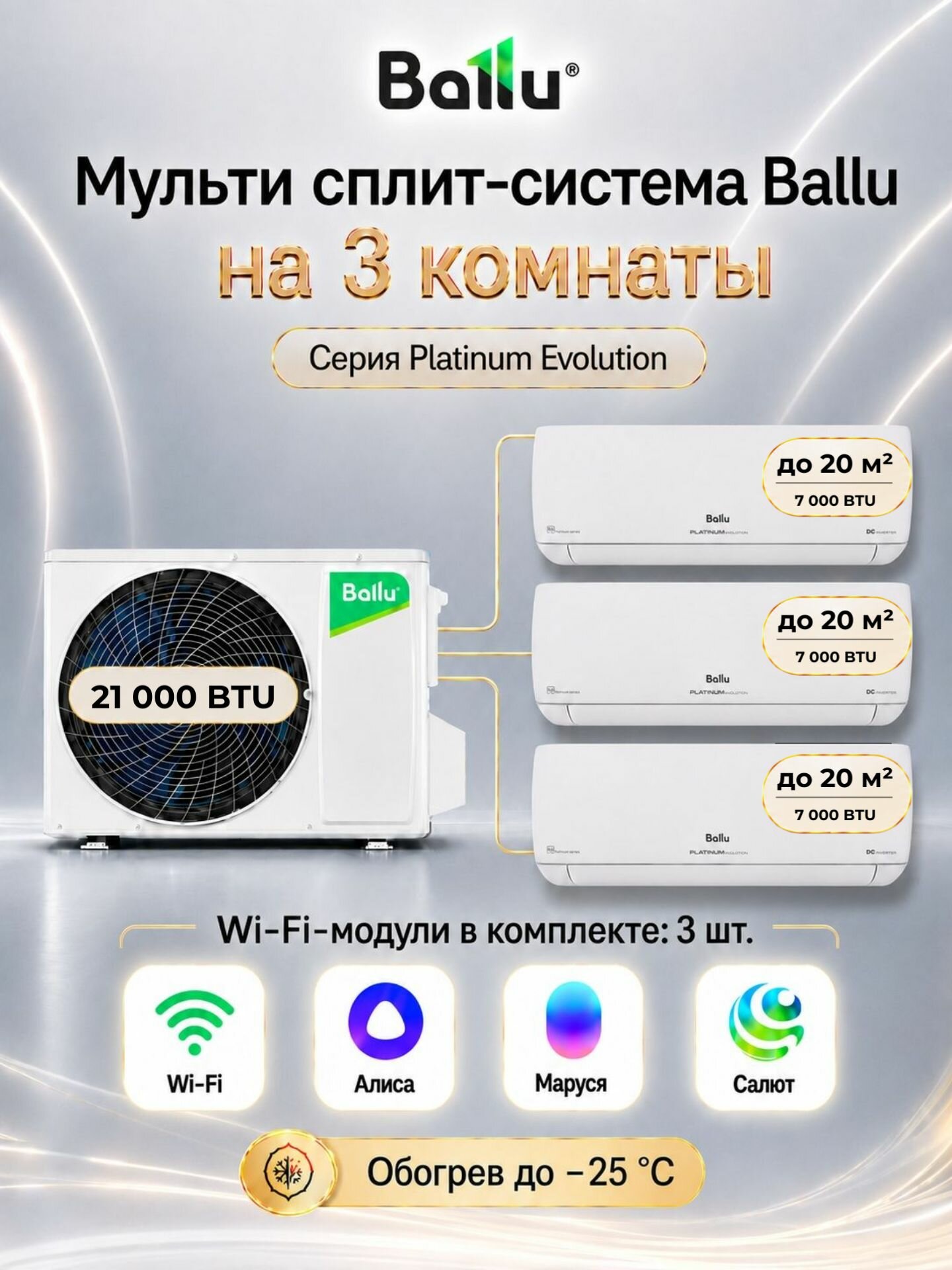Мульти сплит система инвертор кондиционер на 3 комнаты 20+20+20 кв. м Ballu Platinum Evolution BSUI-FM/in-07HN8/EUx3 BA3OI-FM/out-21HN8/EU, комплект с Wi-Fi-модулями HOMMYN, белого цвета