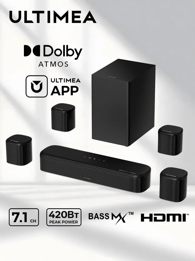 Саундбар для телевизора с сабвуфером ULTIMEA Aura S5T 7.1 Dolby Atmos, 420Вт, сабвуфер 5.25", Bluetooth 6.0, HDMI eARC, управление через приложение, новинка 2026