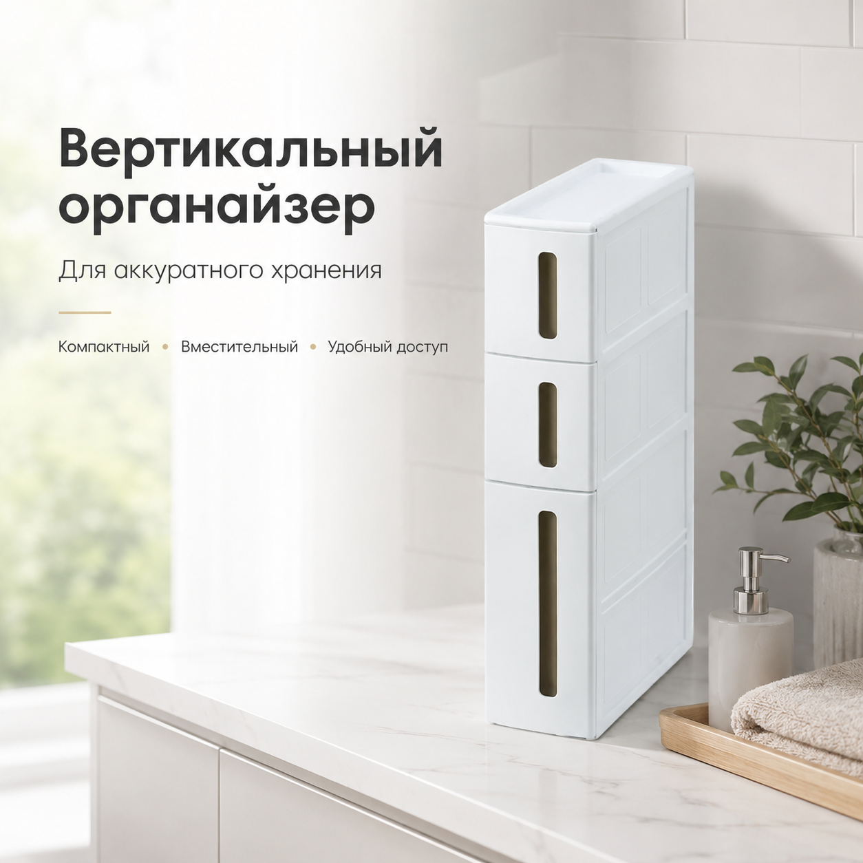 Узкий пластиковый комод с тремя выдвижными ящиками для хранения вещей в узких промежутках, 14х34.3x62.5 см