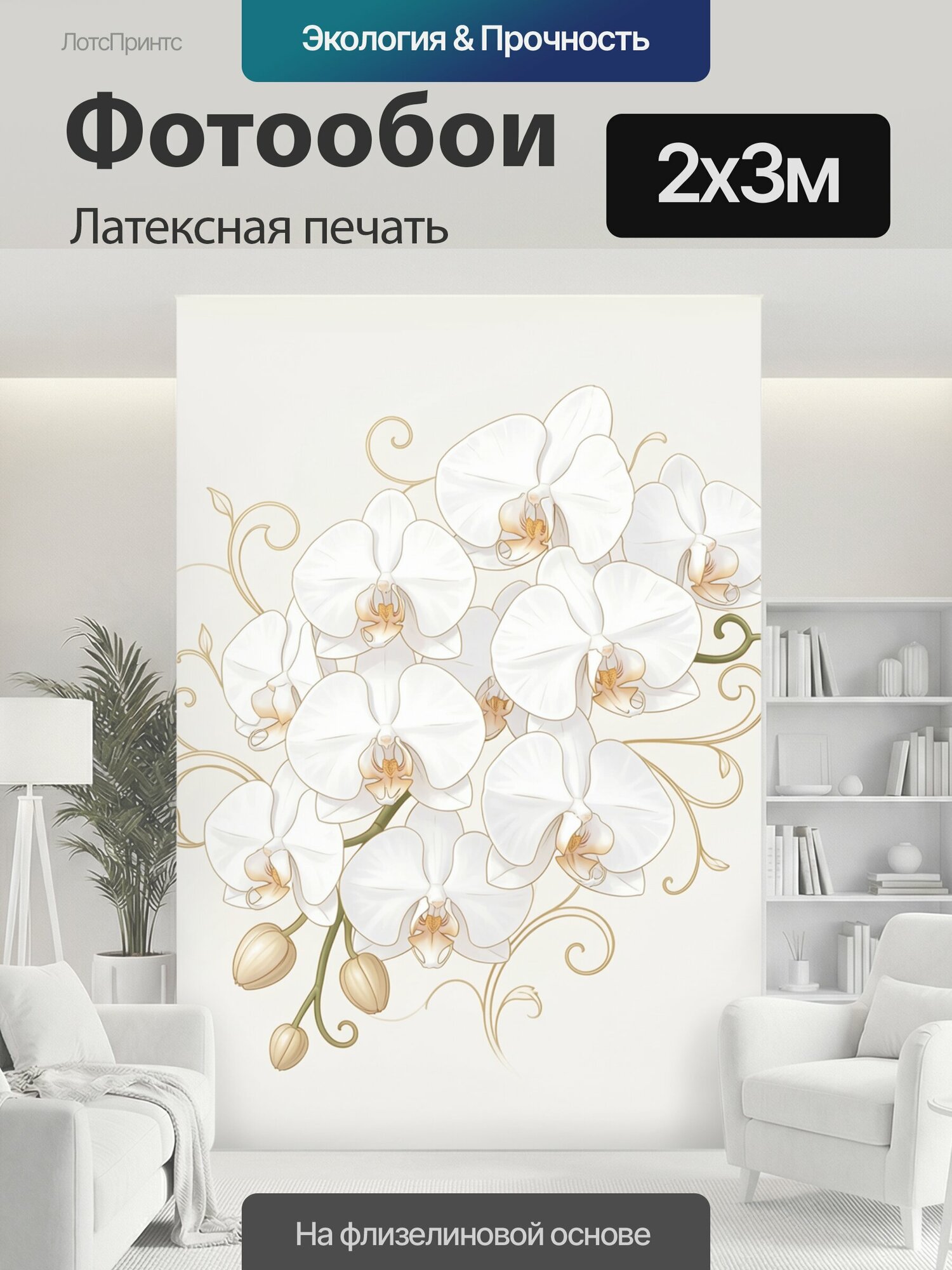 Фотообои моющиеся ударопрочные "Орхидеи белые с золотыми завитками. Крупные белые орхидеи с нежными лепестками, тонкие золотистые линии и изящные." 200x300 см. латексная печать