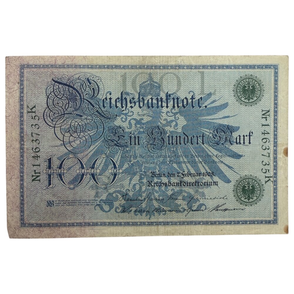 Германская империя (Германия) 100 марок 1908 г. (Зелёные печати) (Литера L) (Серия K)