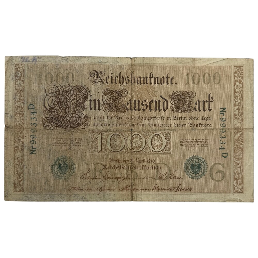 Германская империя 1000 марок 1910 г. (Зелёные печати) (Литера G) (Серия D) (6-значный номер)