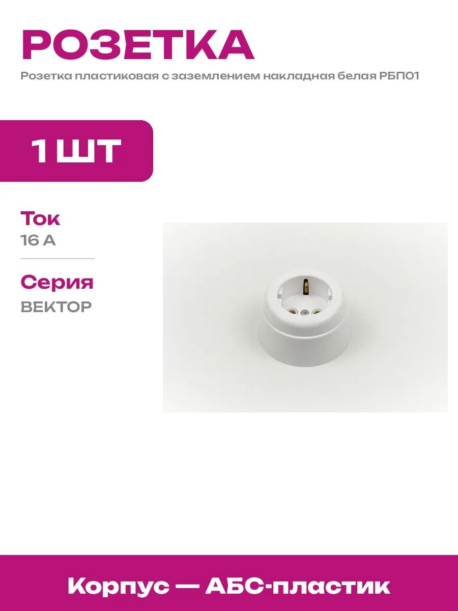 Розетка накладная с заземлением белая для открытой проводки