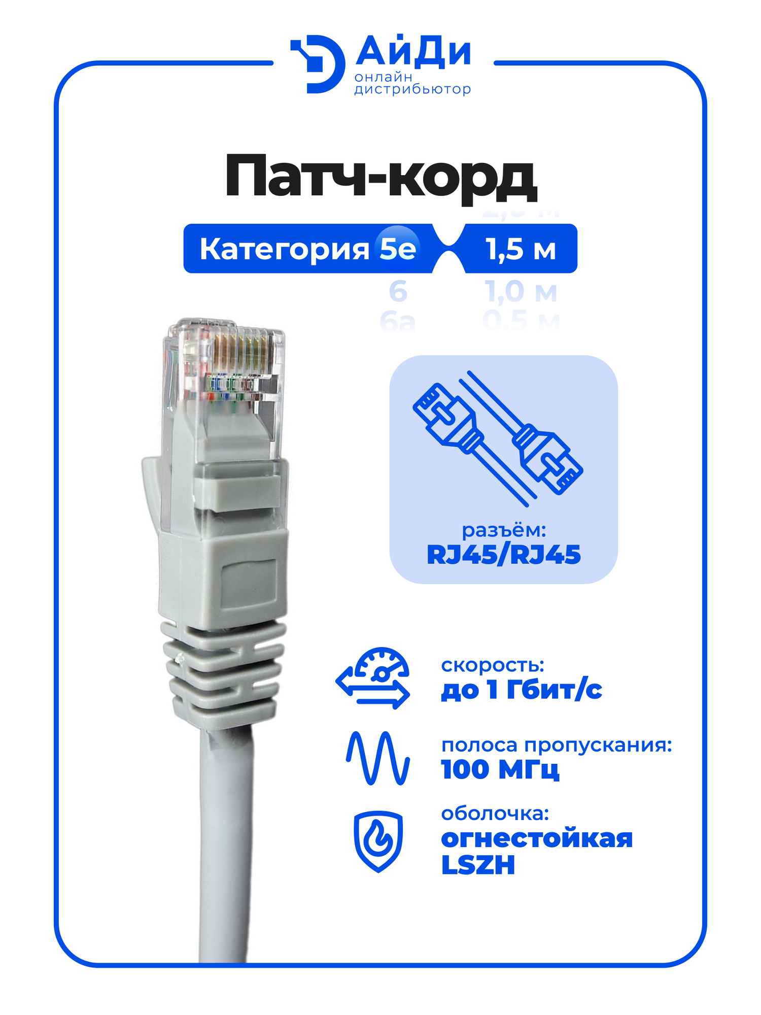 Интернет-кабель, категория 5е, неэкранированный, U/UTP, RJ45-RJ45, 100 МГц LSZH, AWG24 1.5м, серый