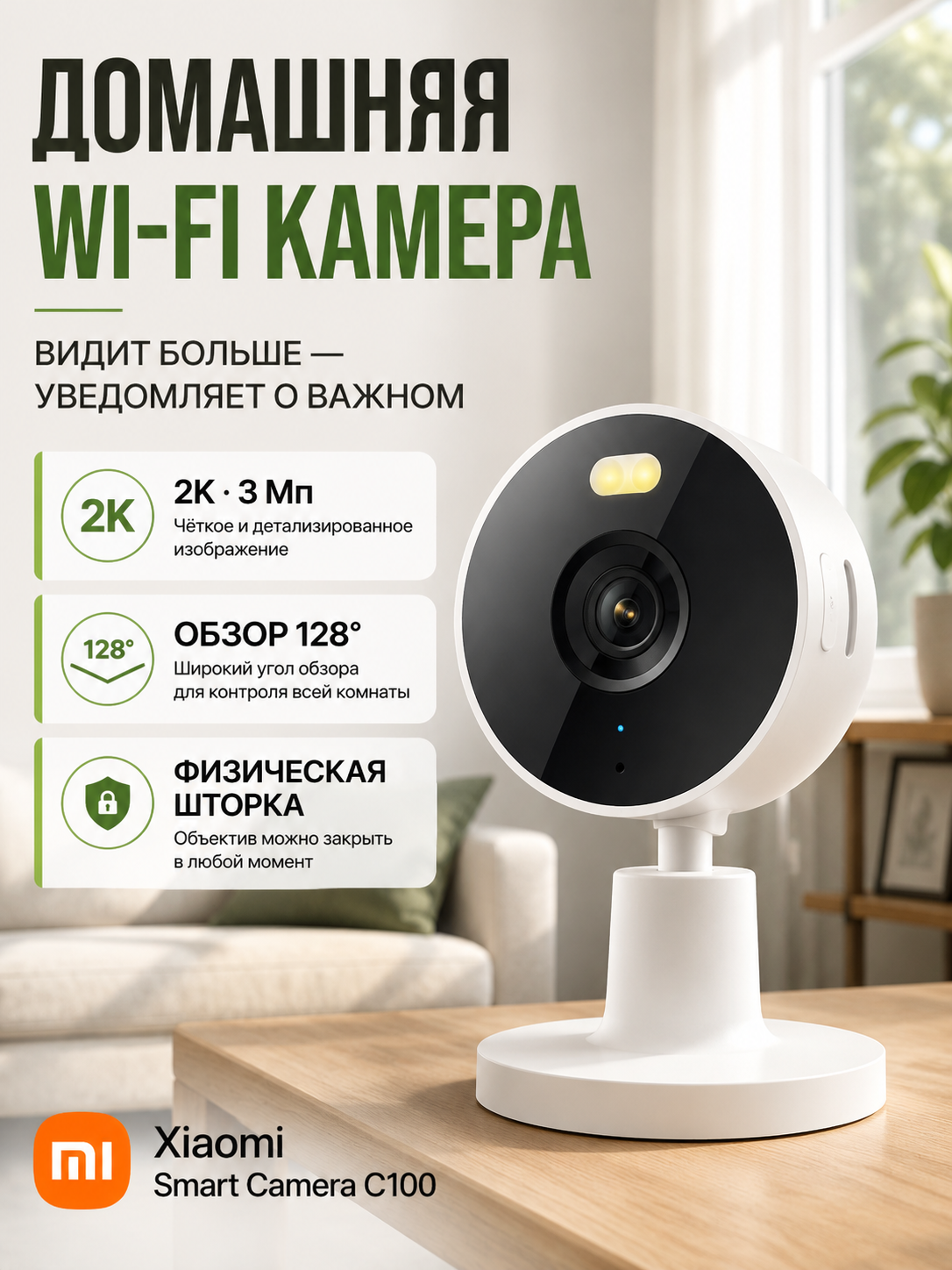 IP-камера Xiaomi Mi Smart Camera C100 MJSXJ25CM, стандарт IP, поворотная, белая, глобальная версия