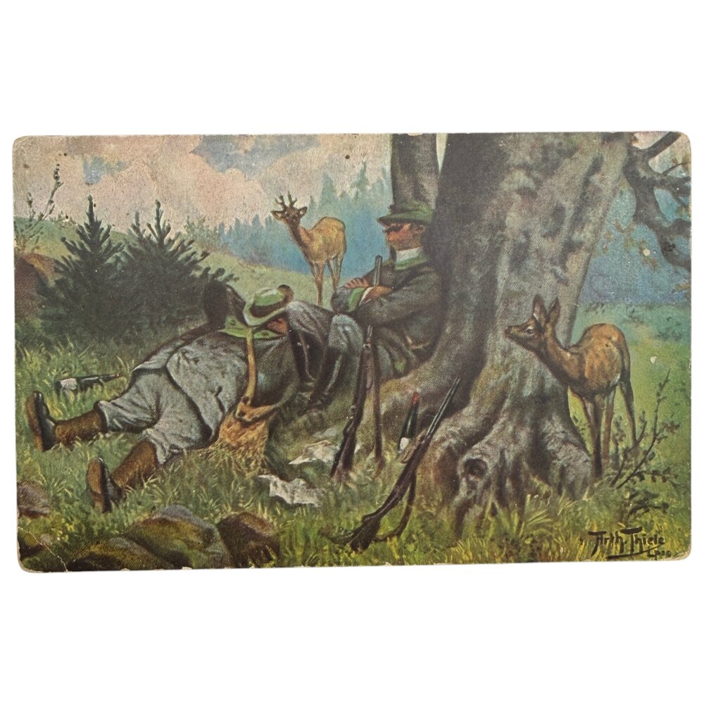 Почтовая открытка "Тиле - Уснувшие охотники" 1900-1917 гг. Германская Империя