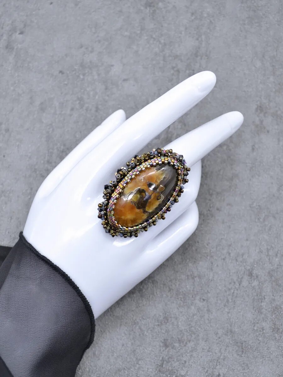 Кольцо, кристалл, бисер, кристаллы Swarovski