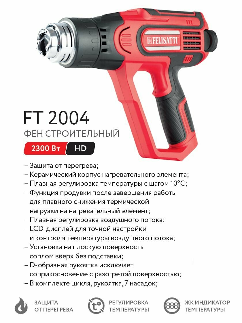 Фен строительный FELISATTI FT2004, ЖК-дисплей, в кейсе с насадками, с плавной регулировкой температуры