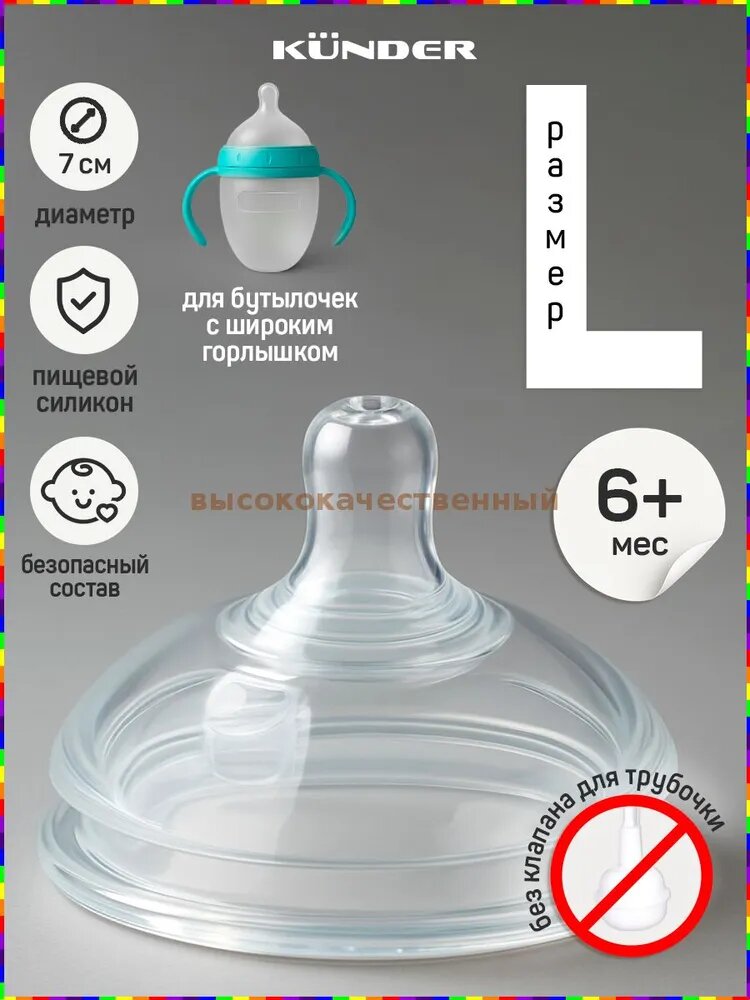 Силиконовая соска KUNDER для бутылочки с широким горлышком 6+ месяцев, прозрачная