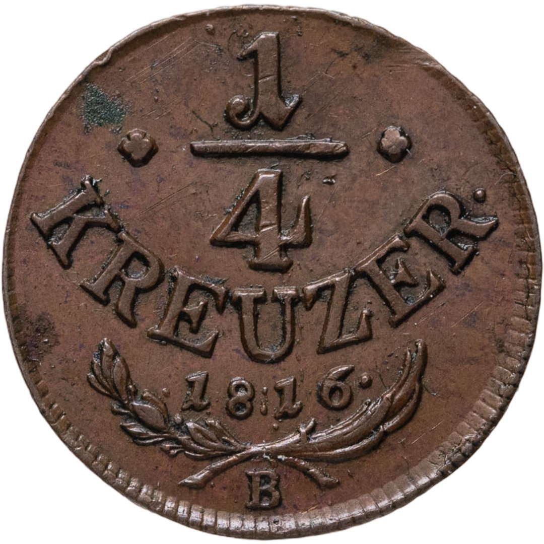 Австрия 1/4 крейцера 1816, знак монетного двора "B" - Кремница, Медь, в сохранности XF-AU